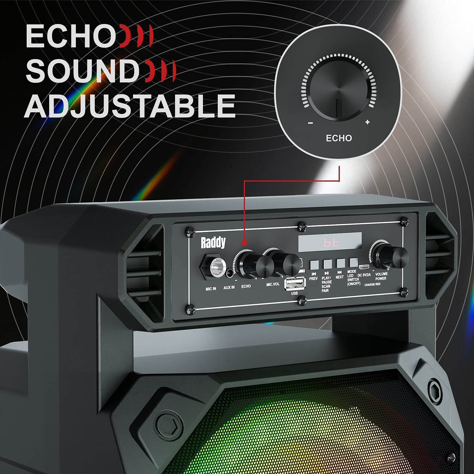Raddy RS68 Portable Karaoke Machine with Low Noise Wireless Microphone, PA System Rechargeable Bluetooth Speaker with LED Lights for Christmas Birthday Gift Home Party, Supports TF Card/USB/AUX