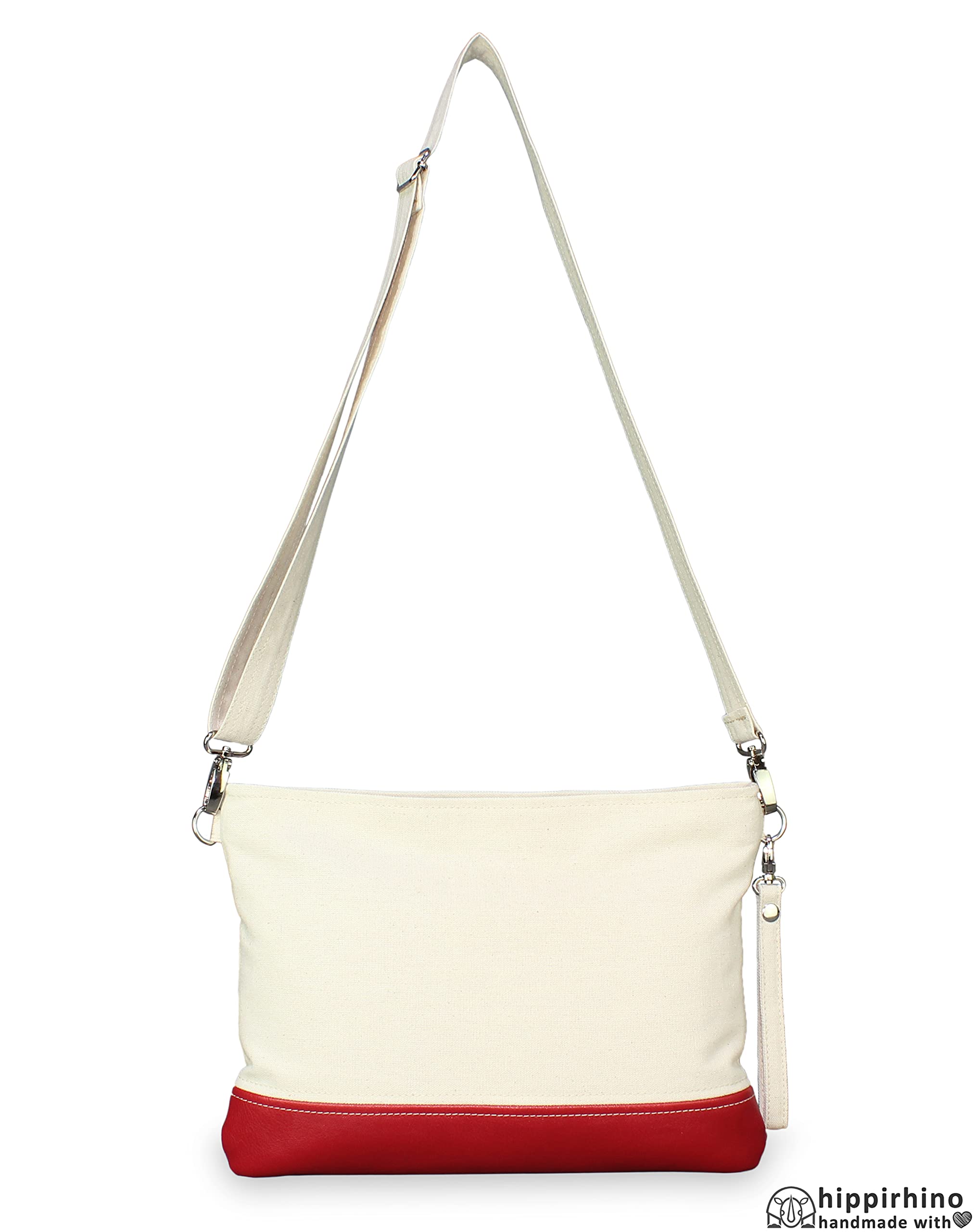Natural Cotton Crossbody Wristlet Clutch Eco-Friendly Vegan Faux Leather Bag Phone Tablet Case Detachable Strap Unbleached Raw Canvas Fabric (Red)
