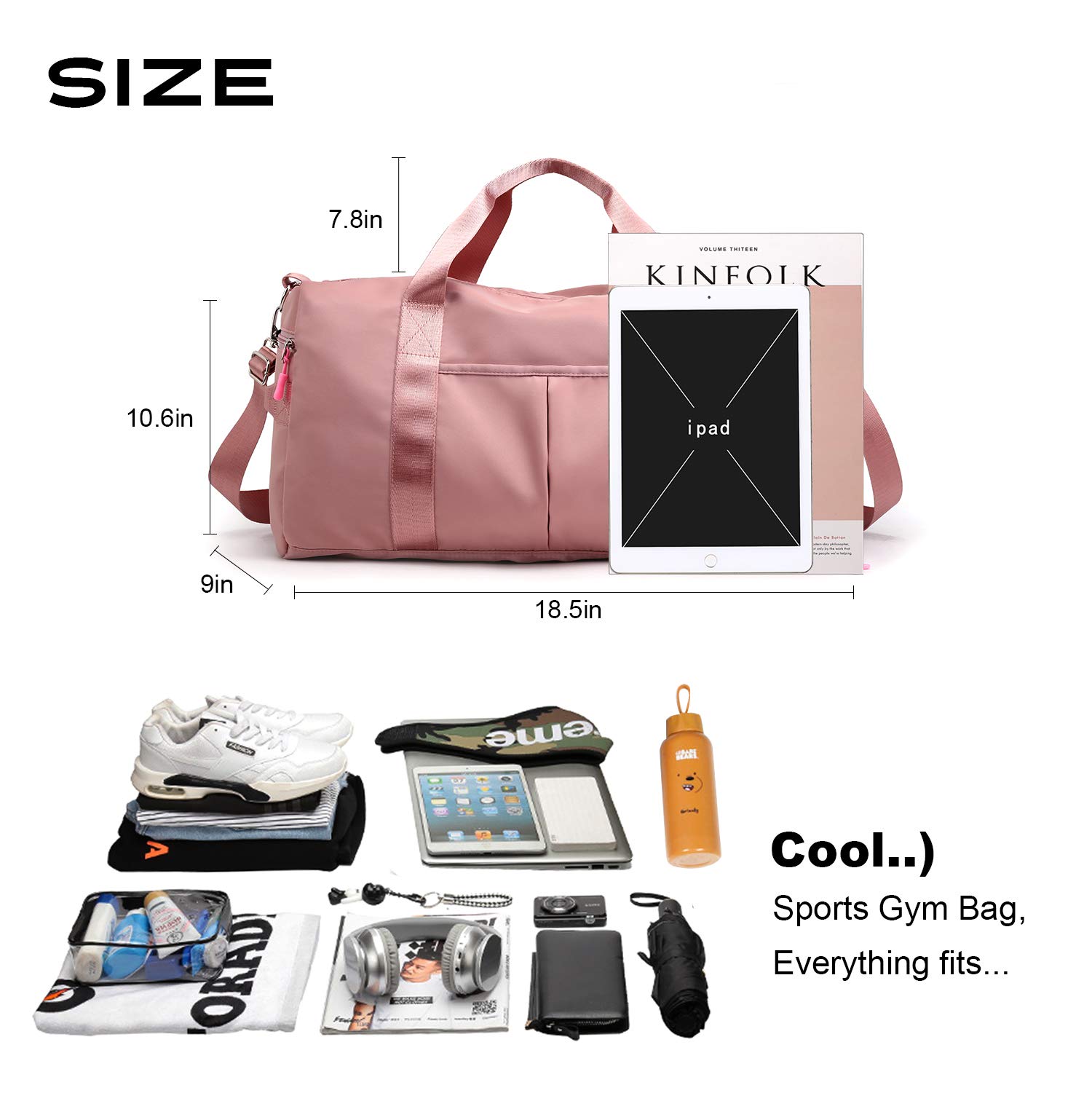 PlasMaller Travel Bag Carry On Sports Gym Duffel Luggage Shoulder Pack for Women (Pink)