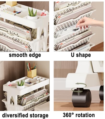 Movable Classroom Deskside Bookshelf, Desk Storage Organizer with Caster Wheels, 6-Tier Storage Trolley Under Desk, Adjustable Rolling Cart Organizer Multifunctional Rolling Cart with Hanging Cups ( C