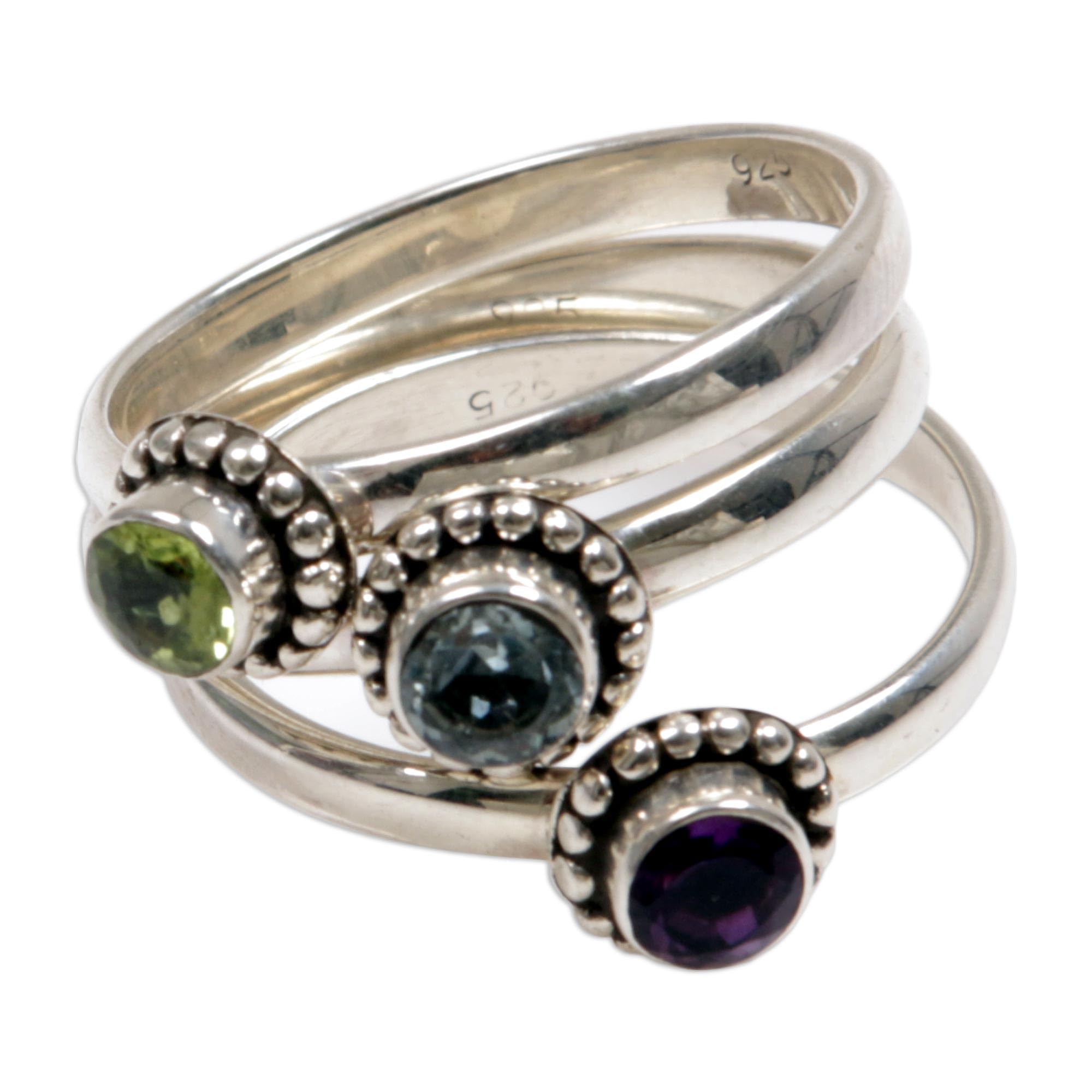 NOVICA Artisan Handmade Multigemstone Stacking Rings Sterling Silver Set of 3 Amethyst Blue Topaz Peridot Green Purple Multicolor Indonesia Modern Birthstone [crownbezel 0.2 in H x 0.2 in Diam. Band ]