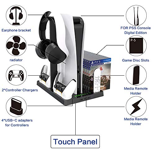Stand Hook Organizer for Your Video Game Accessories, 2 in 1 Vertical Stand,PS5 Digital Edition/Optical Drive Edition Host Universal Multifunctional Dock with Earphone Holder and Cooling Fan Base