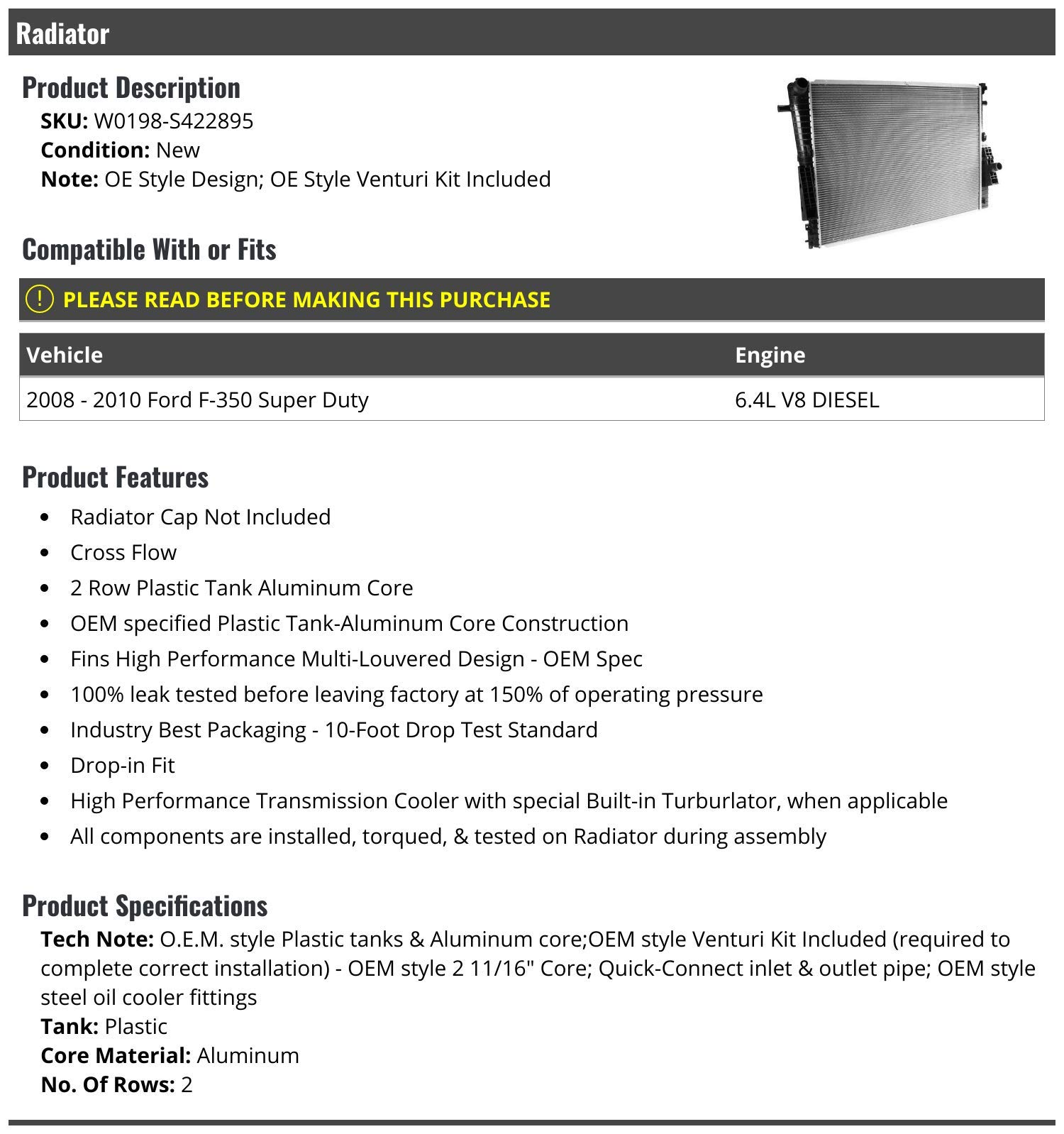 Radiator - Compatible with 2008-2010 Ford F-350 Super Duty 6.4L V8 Diesel