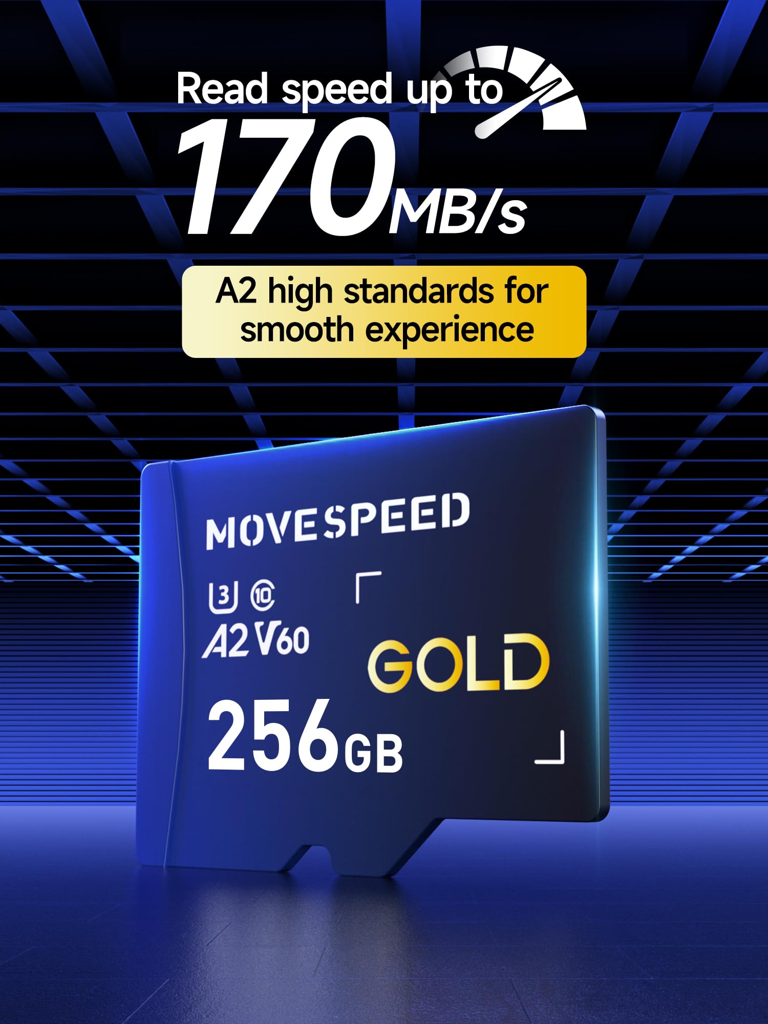 MOVE SPEED 256GB Micro SD Card, Up to 170MB/s Micro SD Memory Card, A2 U3 V60, 4K Full HD Video Recording, with Card Reader and Adapter, for Driving Recorder