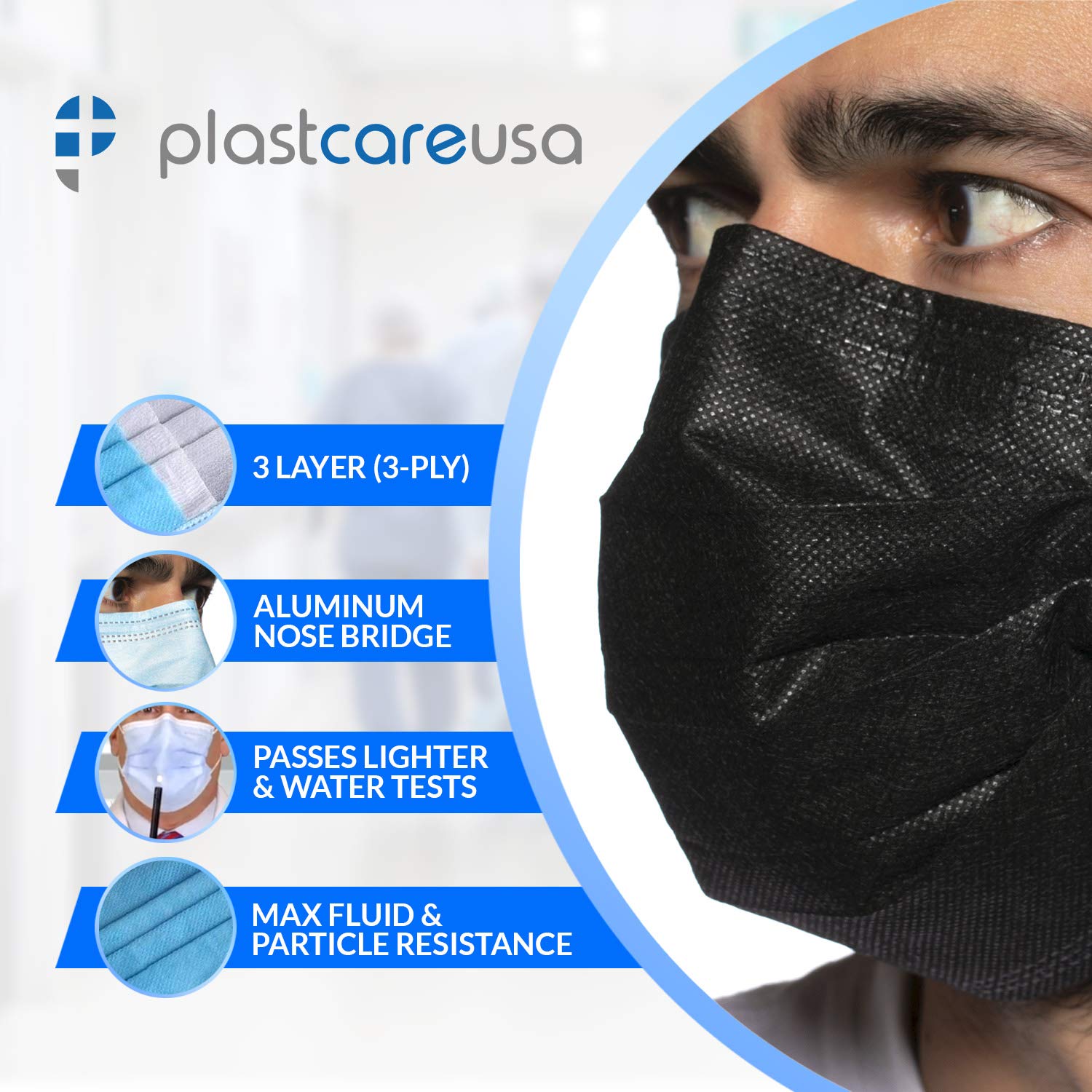 PlastCare USA Black ASTM Level 1 3-Ply Earloop Face Masks (1 Box of 50)