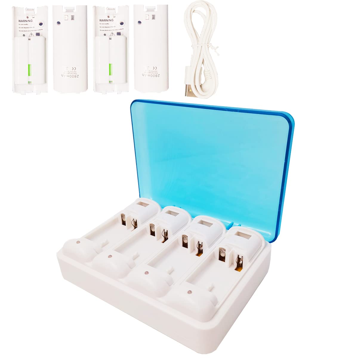 Tuboopy Battery Pack Rechargeable for Wii Remote Charging Station Wii Remote Battery Pack Charger for WII U Controller White (4 Pcs Batteries+USB Cable+Charger Station)