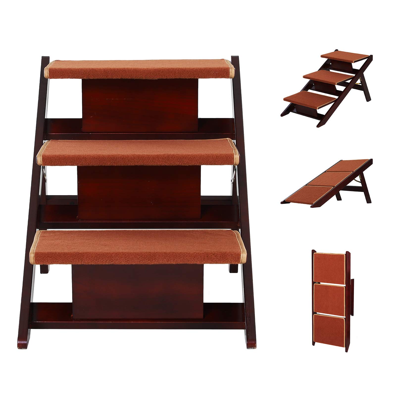 PawHut Wooden 2-in-1 Portable Folding Safety Pet Stairs/Ramp for Dogs and Cats