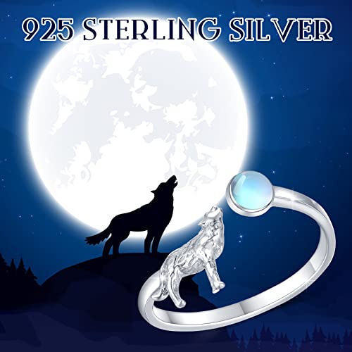 Wolf Ring S925 Sterling Silver Wolf Adjustable Ring Thumb Ring Moonstone Ring Howling Wolf Open Ring Animal Ring Howling Wolf Jewelry for Women Teen Girls 8#