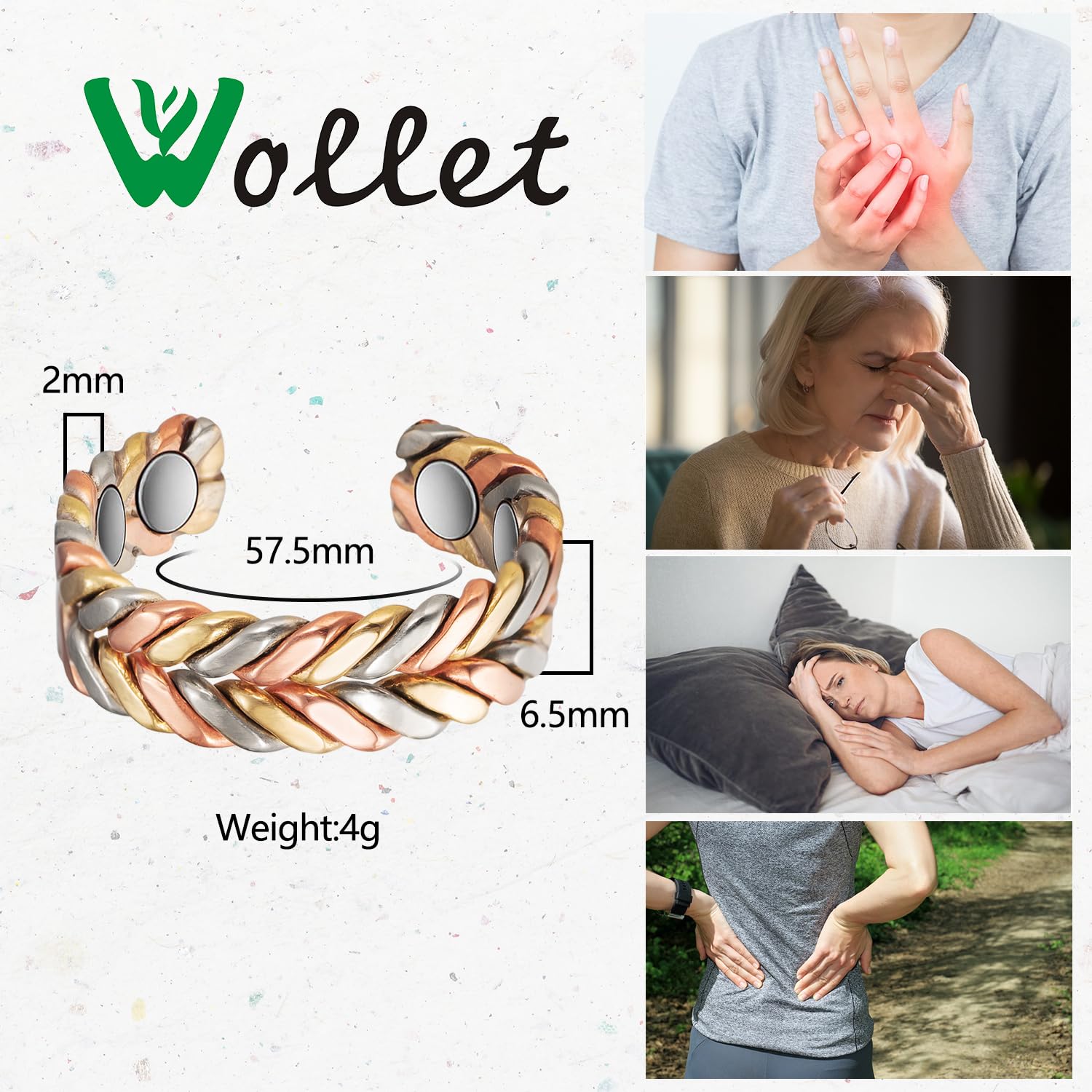 Wollet 99.9% Pure Copper Magnetic Ring for Women Men with Magnets Copper Rings Jewelry(57.5mm)