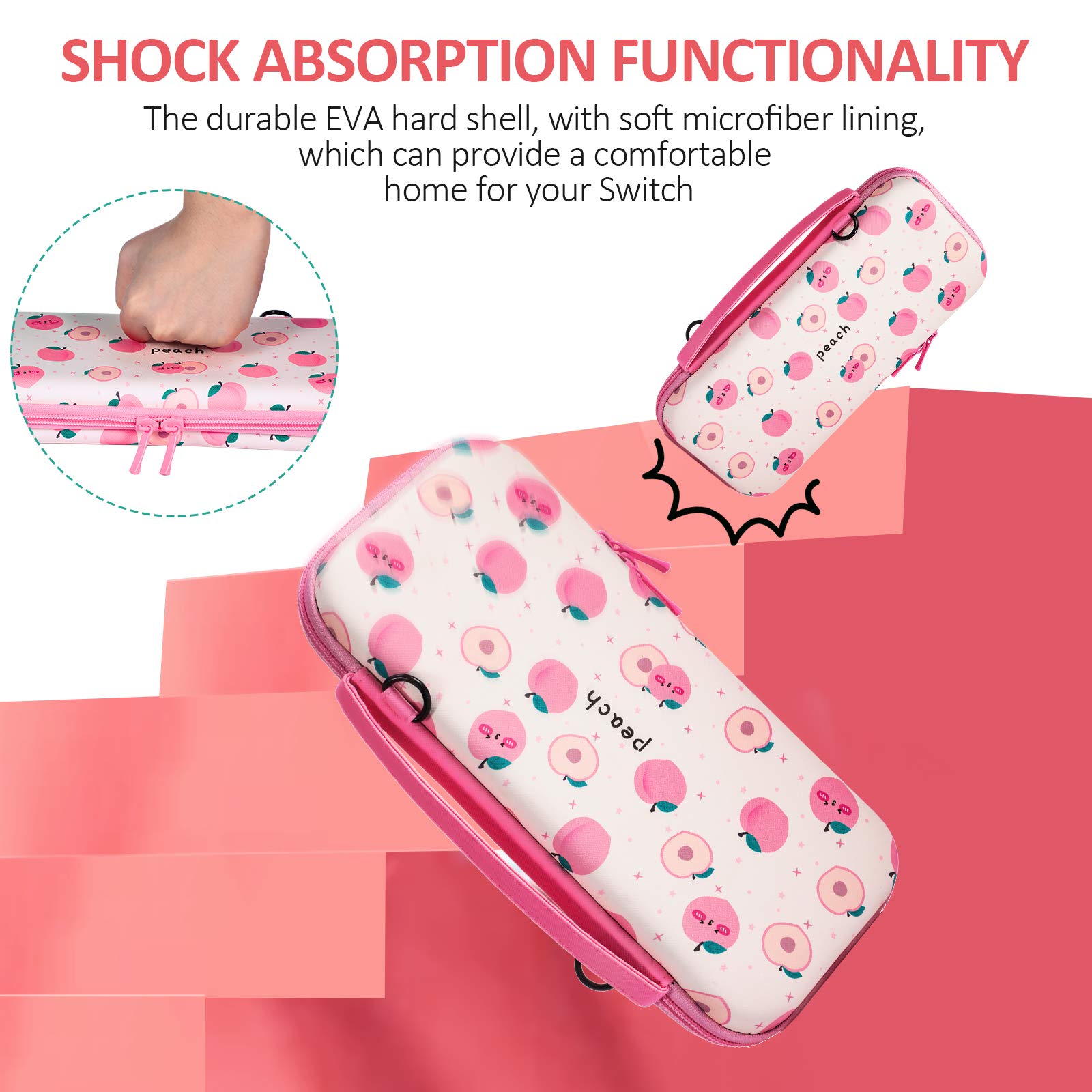 Peach Patterns Hard Shell Travel Carrying Case Portable and Protective Case with 2 Pieces Thumb Grip Caps Compatible with Nintendo Switch Accessories [Video Game]
