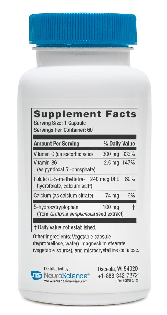 NeuroScience Serene - Mood Support + Sleep Aid with 100mg 5-HTP, Vitamin B6, Folate + Calcium - Non-Drowsy + Non-Groggy Serotonin Support Supplement for Sleep-Wake Function (60 Capsules)