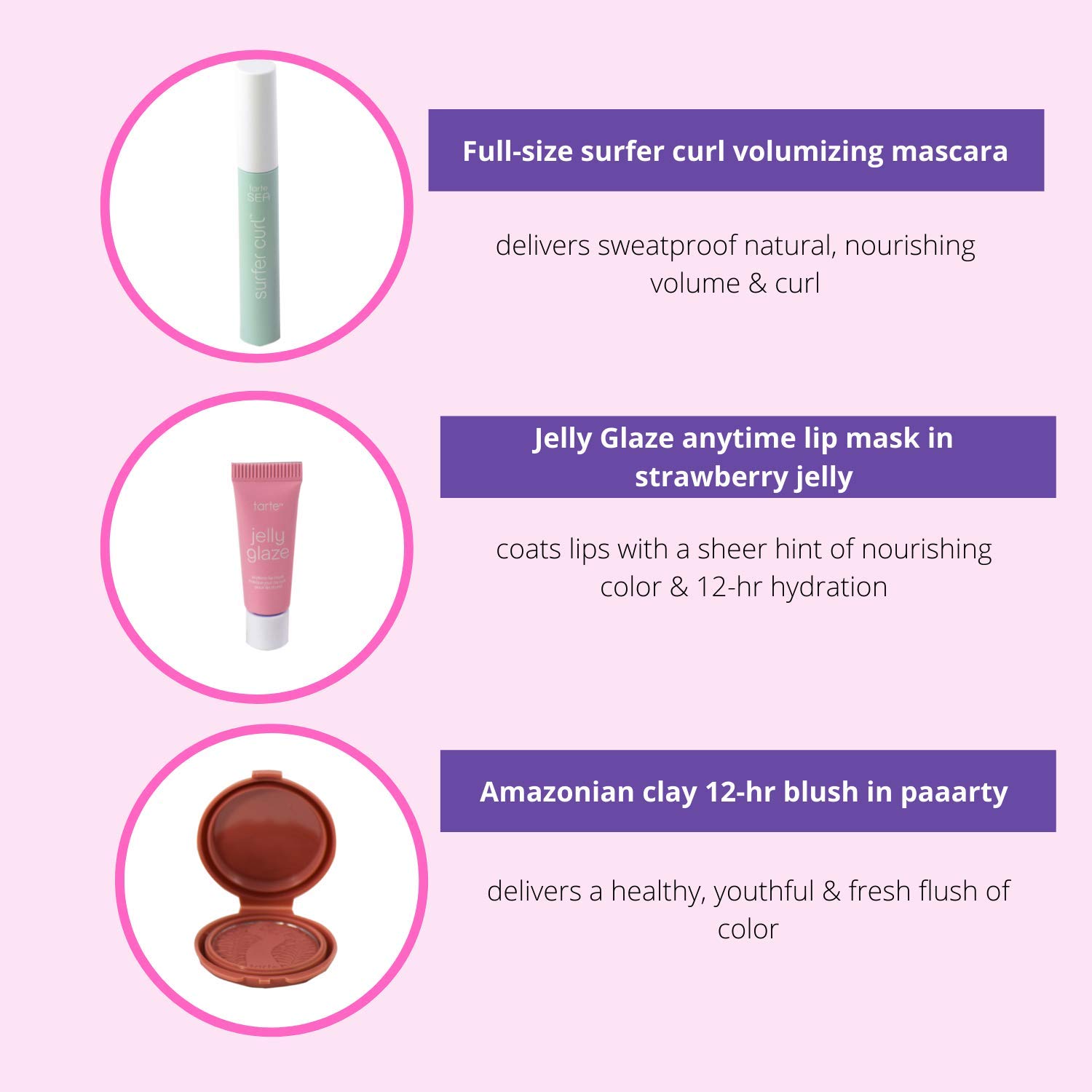 Tarte Fresh-faced and Festive Must-haves Set - Sea Surfer Curl, Jelly Glaze Lip Mask, Blush Paarty