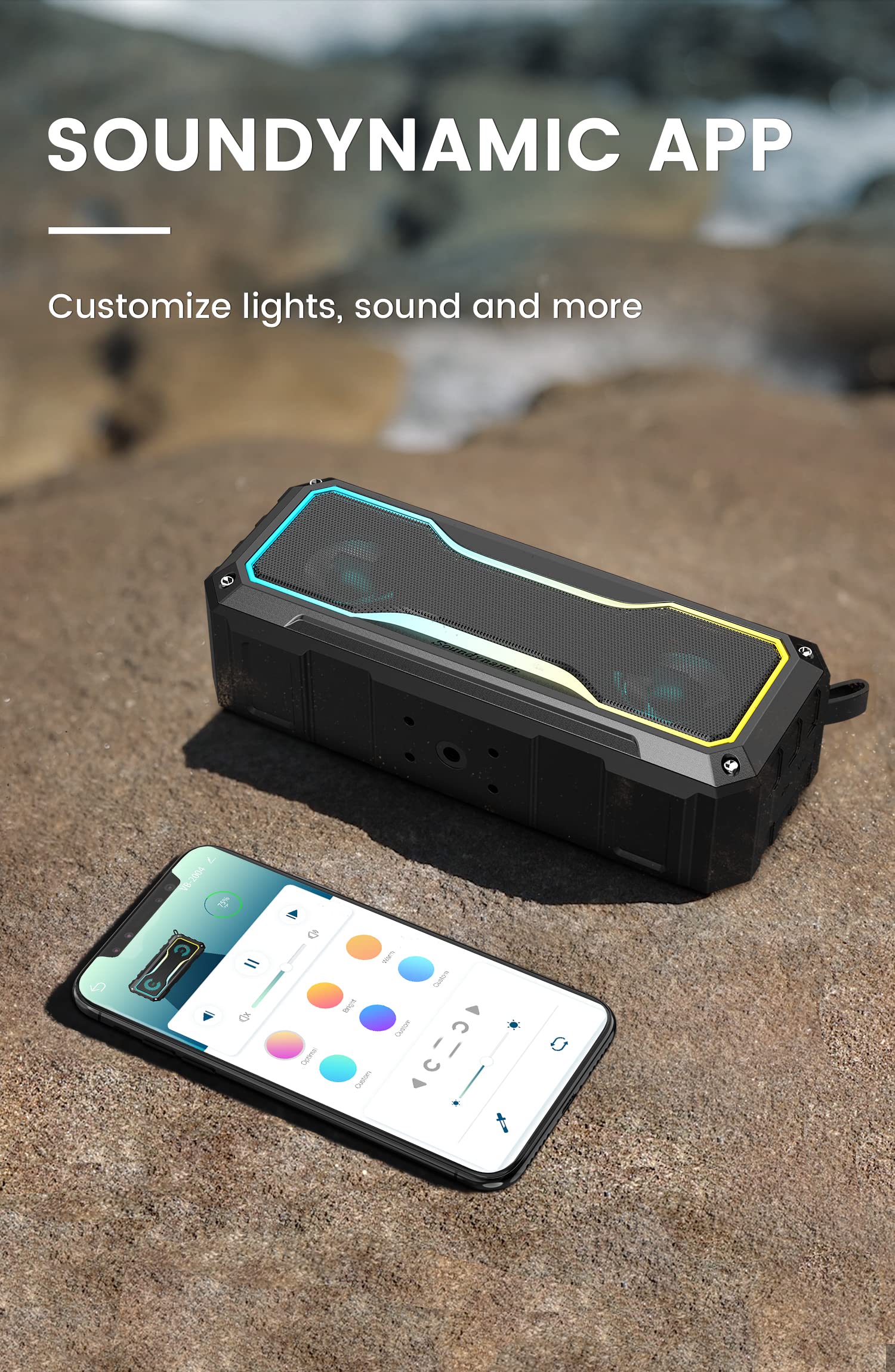 soundynamic Portable Bluetooth Speaker, Twinkle Wireless Speaker with 20H Playtime, Low Bass, IPX7 Waterproof, True Wireless Stereo Pairing, Mixed Colors Lights for Home, Party, Beach, Travel - Black