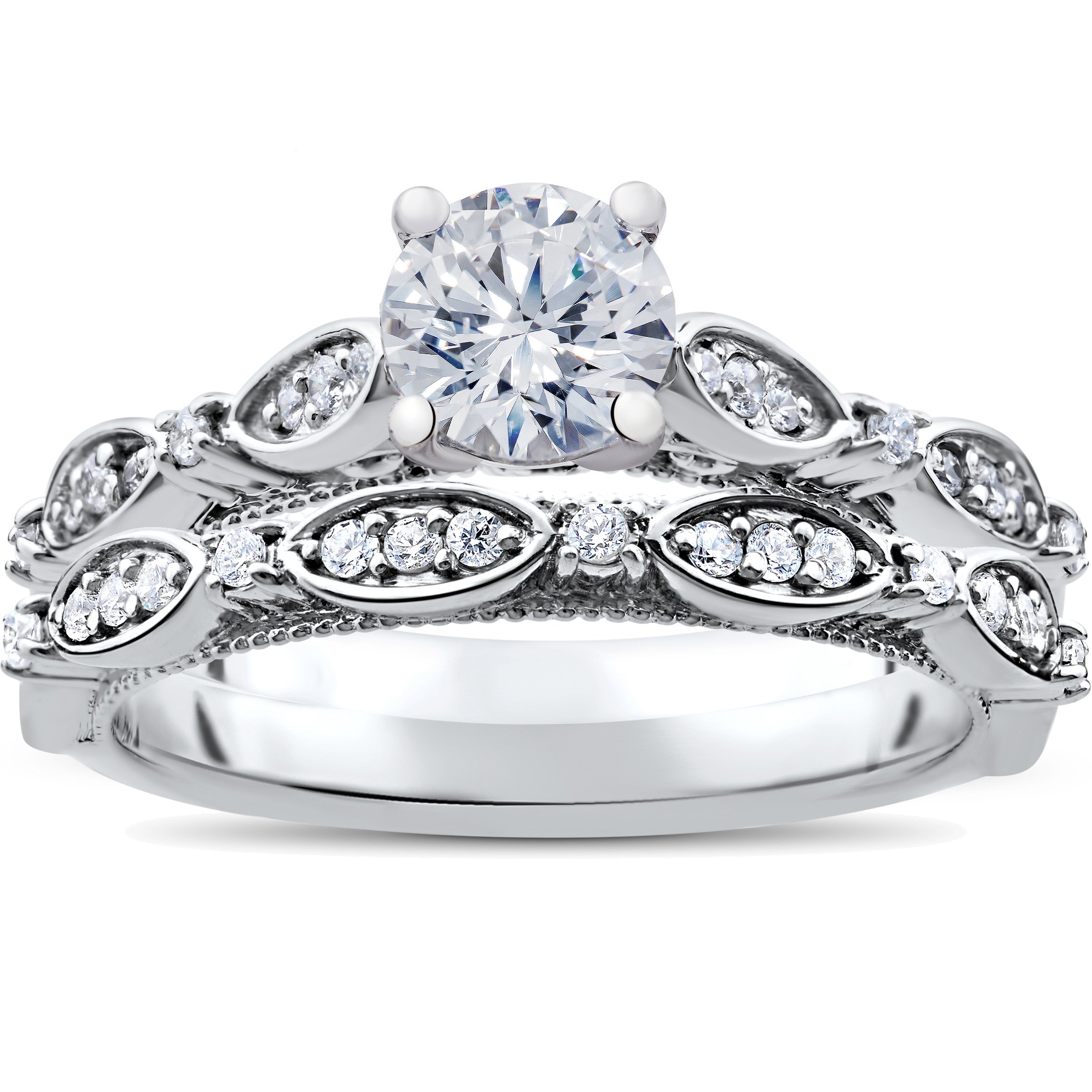 P3 POMPEII3 1 ct Vintage Diamond Engagement Ring & Matching Wedding Band Set 14k White Gold - Size 5.5