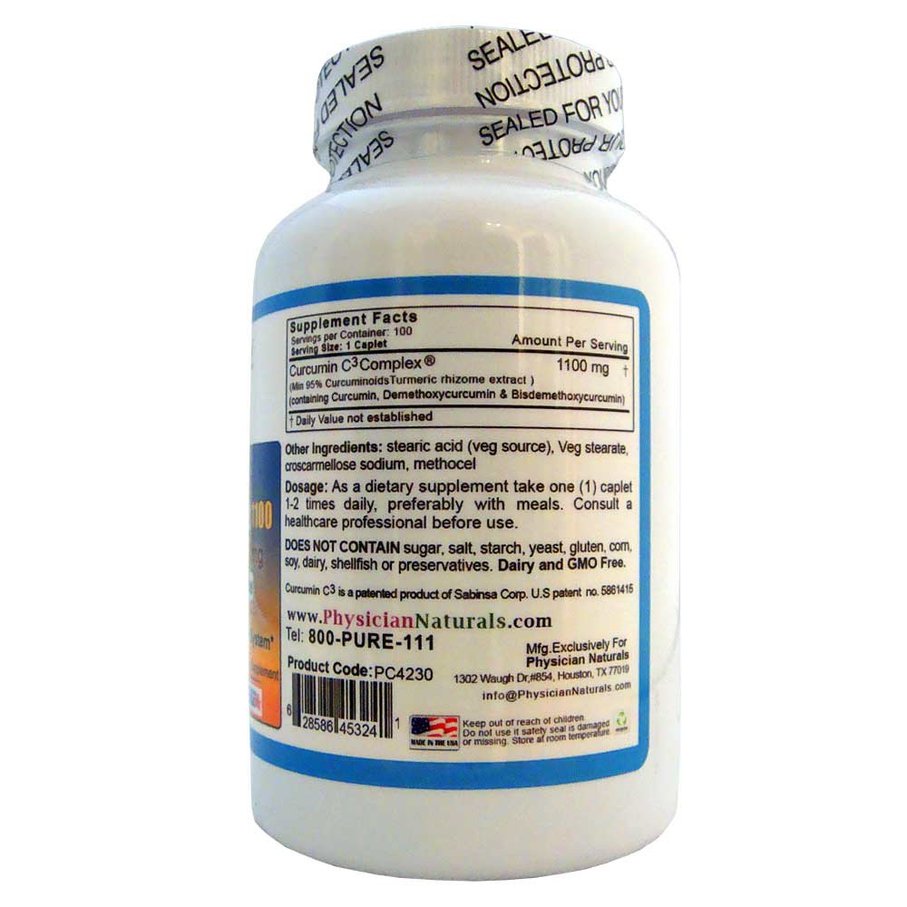 Physician Naturals Mega Curcumin C3 Time Release 1100 mg 100 Caplets Highest Dosage Ultra Pure Curcumin Turmeric Ext