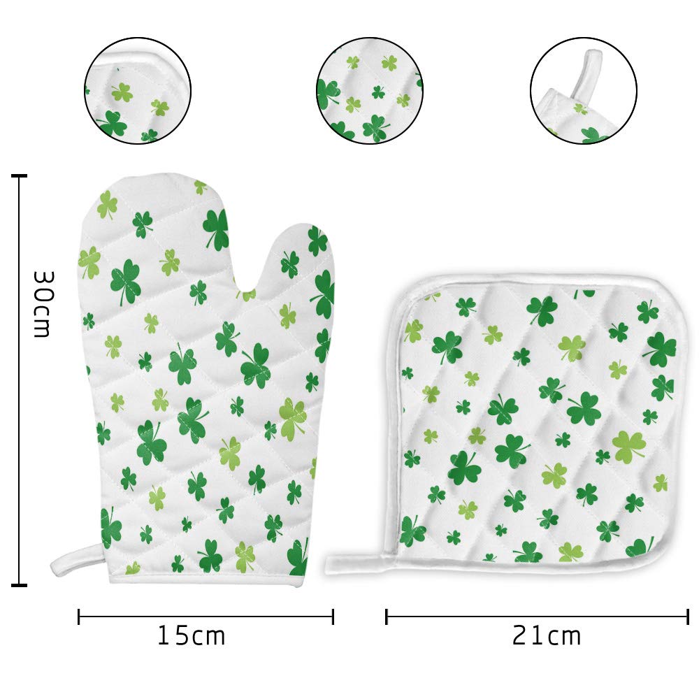 St. Patrick's Day Set of Oven Mitt and Pot Holder Shamrock Leaf Kitchen Mittens Non-Slip Heat Resistant Green Clover Cooking Gloves for Kitchen Cooking BBQ Baking Grilling 12+8