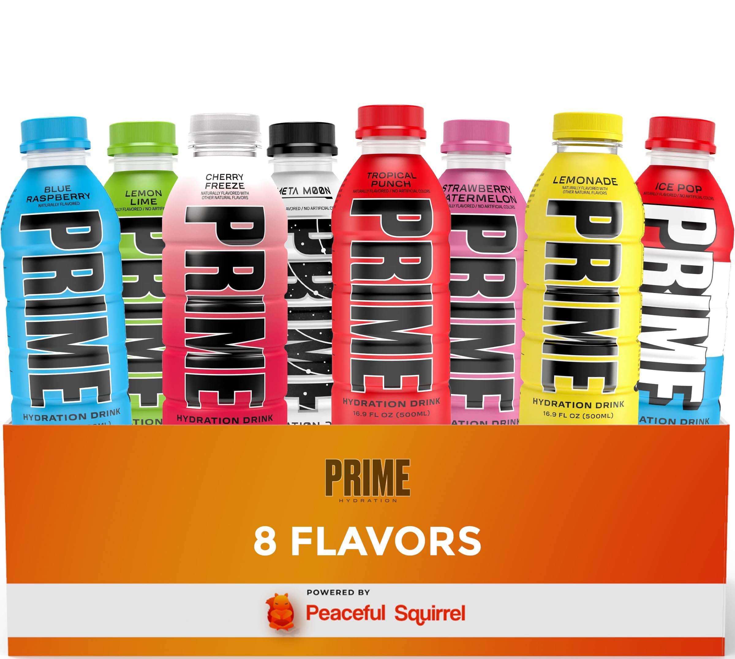 Peaceful Squirrel Prime Hydration drink Variety pack of 8 Flavors, Electrolyte Enhanced, Zero added sugar, BCAAs + B Vitamins, Antioxidants + Electrolytes, Caffeine-Free β 16.9 fl ounce