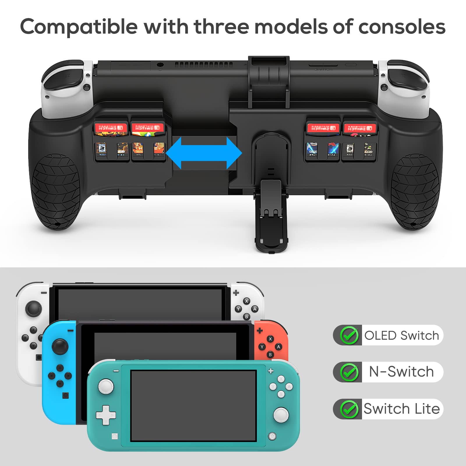 Universal Handheld Grip Case for Switch OLED, YUANHOT 3-in-1 Upgraded Ergonomic Grip Handle Holder with Adjustable Stand and Game Slots Compatible with Switch, Switch OLED & Lite Console - Black