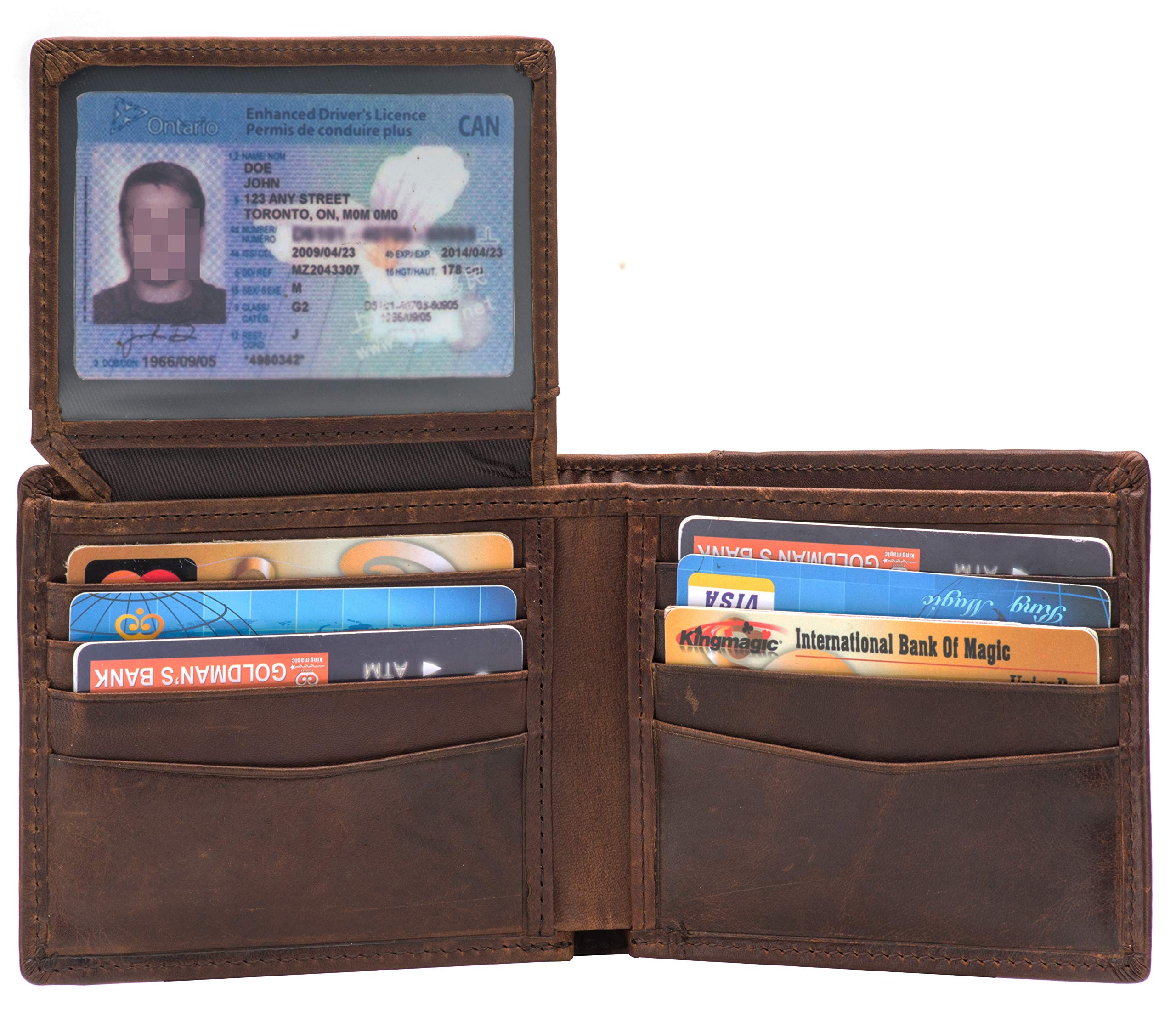 POKOFO RFID Blocking Genuine Leather Bifold Wallet for Men with Zipper and 2 ID Windows (Dark brown)