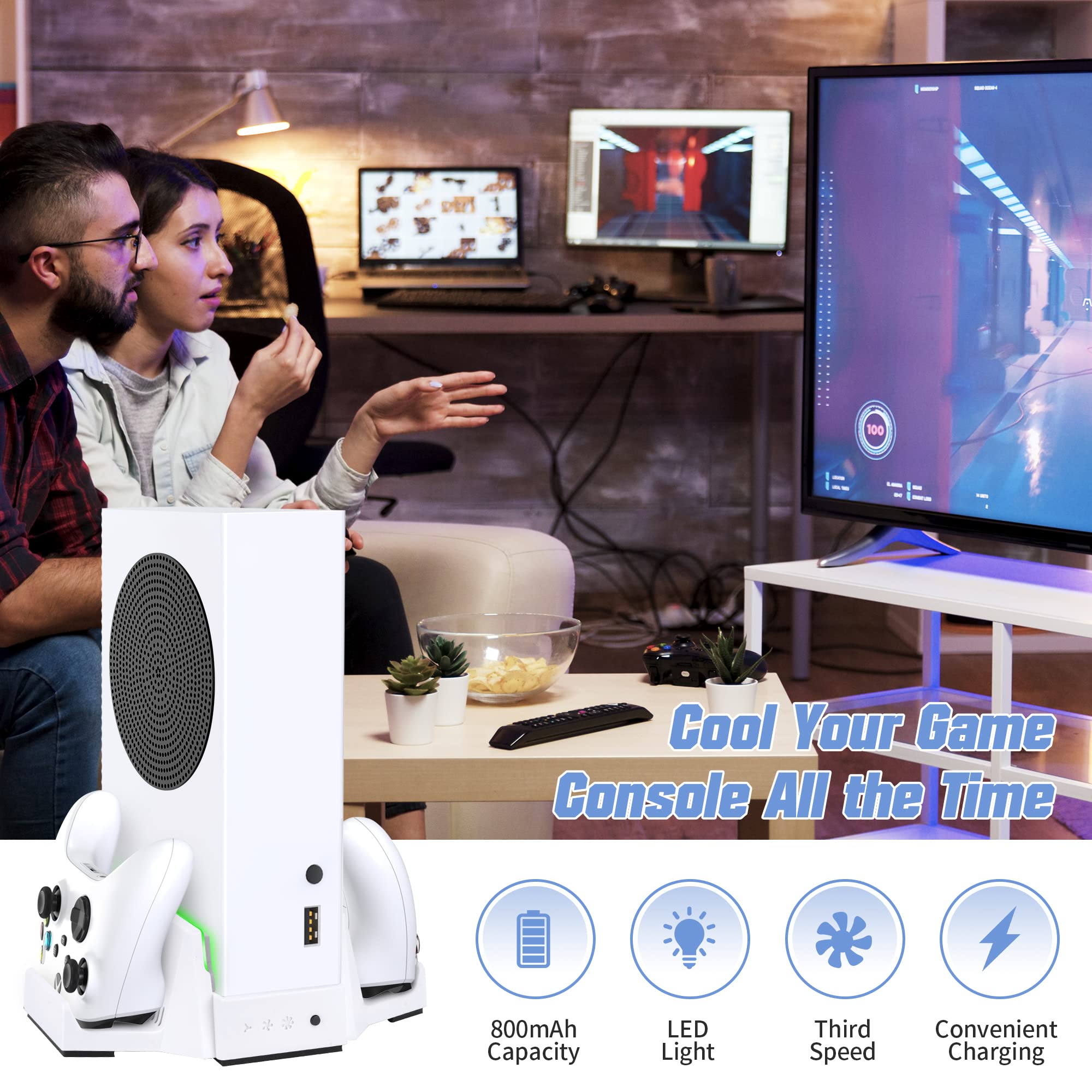 Vertical Cooling Stand for Xbox Series S Console, RTTACRTT Dual Cooling Fan System with Dual Controller Charger Station, Cooling Station with LED Indicator USB Port, 3 Level Adjustable Speed