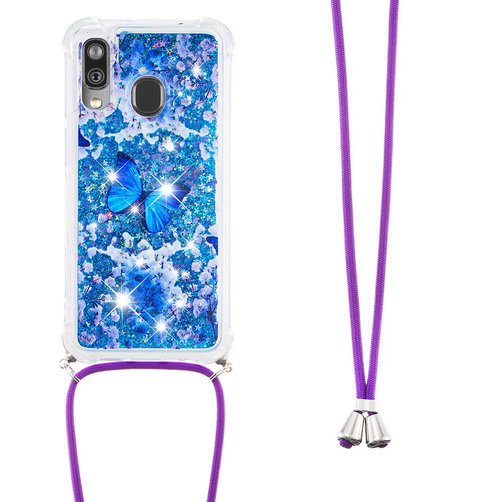 Moving Quicksand Bling Phone Case for Samsung Galaxy A40 Mobile Phone Cover Lanyard Neck Strap Protective Phone Cover Necklace Case for Samsung Galaxy A40 (Blue Butterfly)