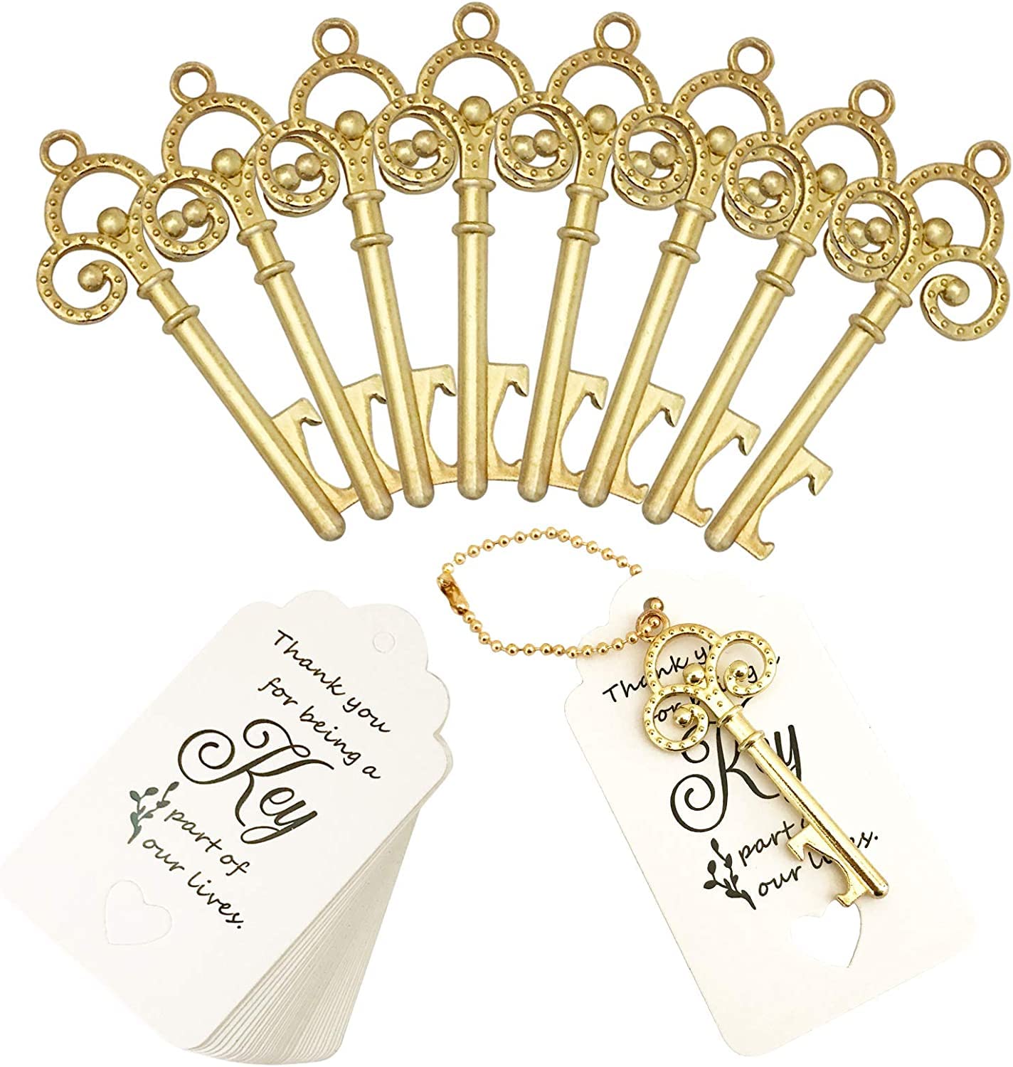 WODEGIFT 100 PCS Key Bottle Openers,Rustic Wedding Favors,Gifts,Decorations or Souvenirs for guests Bulk,Bridal Shower Party Favors with Card Tag and Chains (Gold)