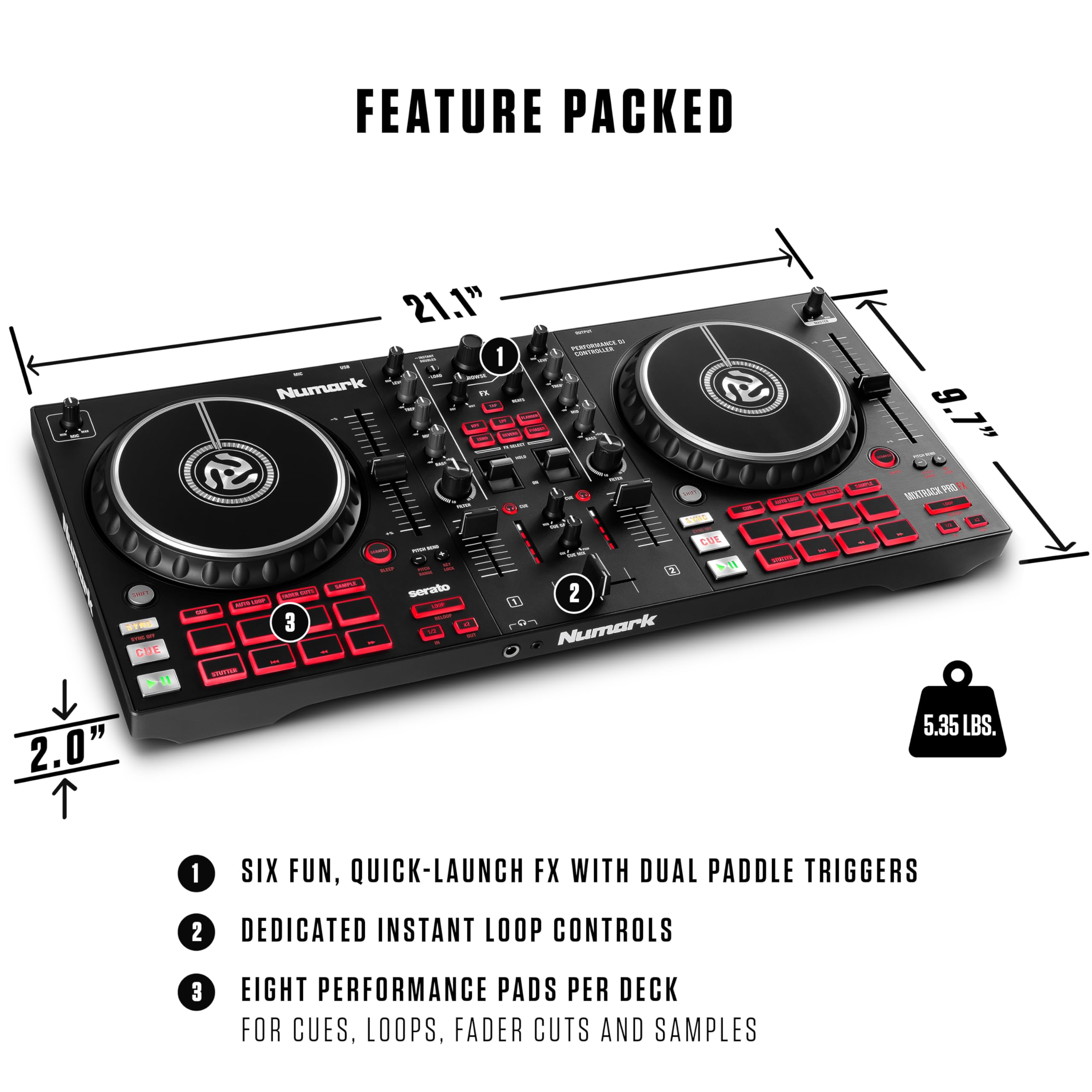 Numark Mixtrack Pro FX โ 2 Deck DJ Controller For Serato DJ with DJ Mixer, Built-in Audio Interface, Capacitive Touch Jog Wheels and FX Paddles