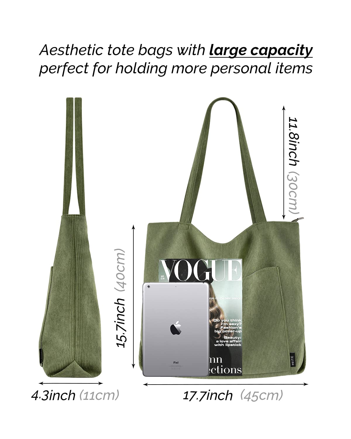 Prite Corduroy Tote Bag for Women Large Shoulder Bag with Zipper and Pockets for College Work Travel Shopping(Green)