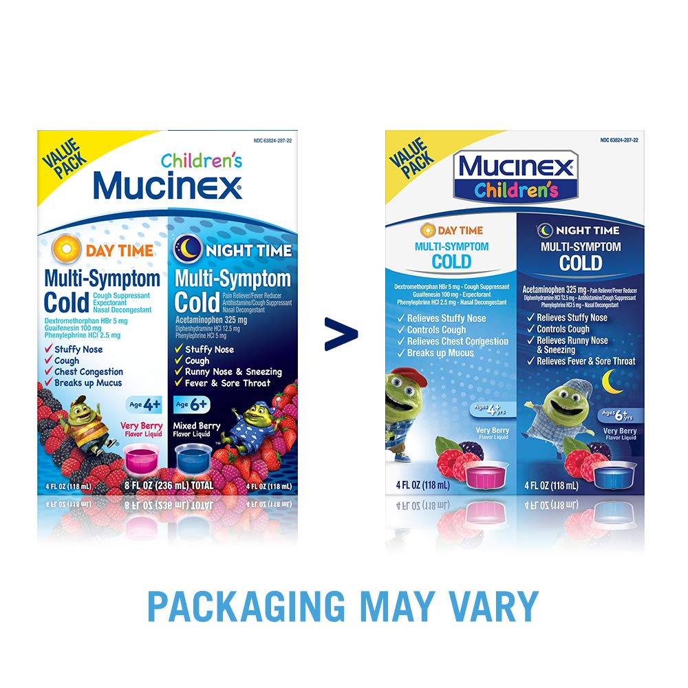 Mucinex Children?s Day Time Multi- Symptom Cold and Night time Multi-Symptom Cold, Multi-Symptom Relief, Bundle Value Pack, Very Berry Flavor, 2 x 4 FL OZ (Pack of 1)