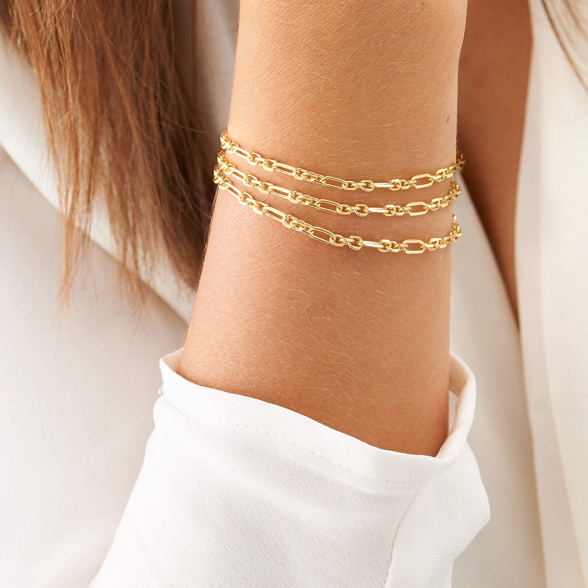 PEARLADA 3-Row 18K Gold Chain Bracelet Dainty Cross Medallion Charm Bracelet OT Toggle Bangle Handmade Stacking Layering Jewelry Fashion Long and Short Oval Link Bracelet for Her