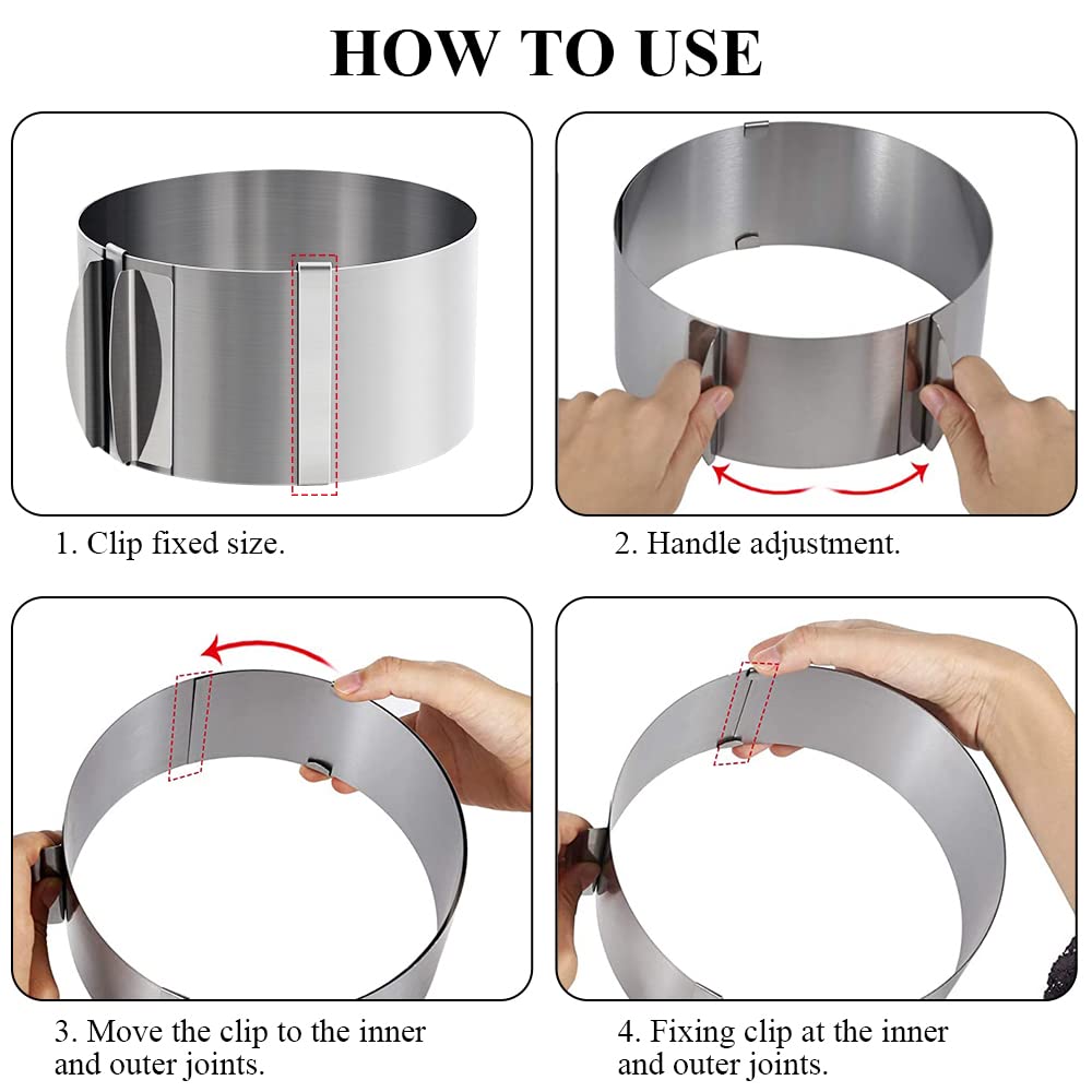 Senbos Cake Ring, Stainless Steel Professional Adjustable Baking Rings with Handle Layer Baking Cake Ring with 3 Cream Scrapers for Birthday Wedding Tier Cake, 3.5 inch High, Diameter 6 to 12 inch