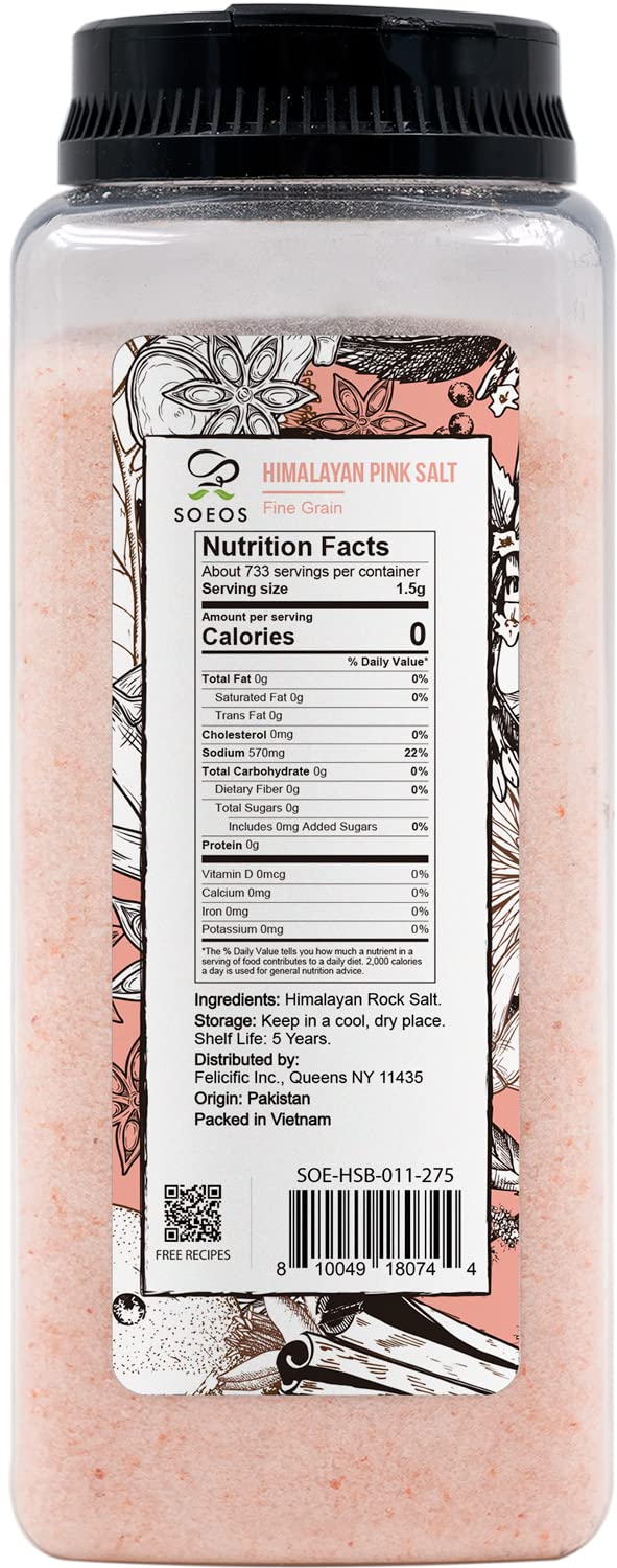 Soeos Pink Himalayan Sea Salt, Fine Grain, 38.8oz (2.4 LB), Kosher Salt, Non-GMO