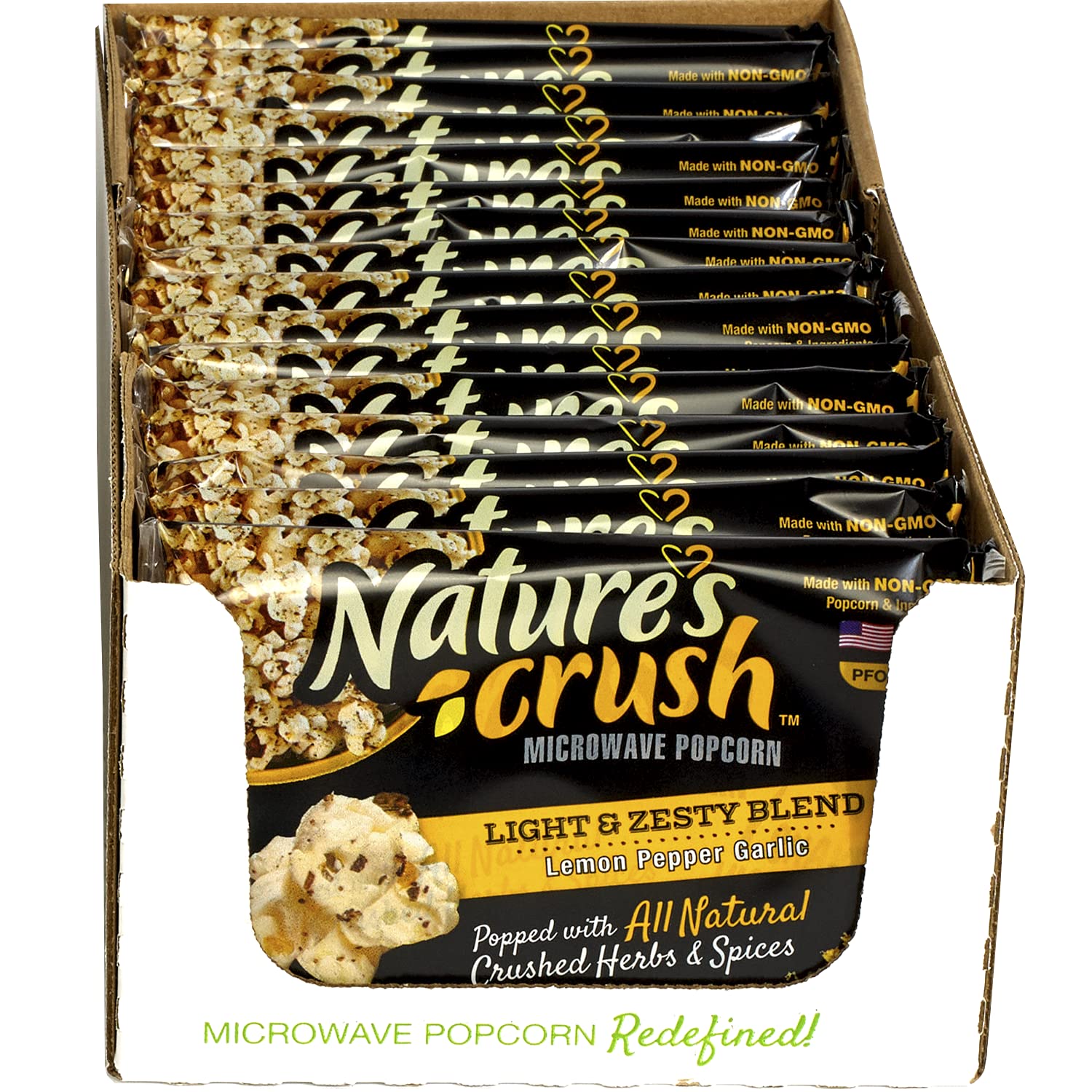 Nature's Crush Flavored Gourmet Vegan Microwave Popcorn, Lemon Pepper Garlic Blend (16 bags)