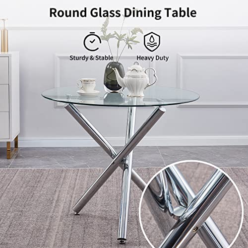 Paonne Round Dining Table Set for 4, Glass Round Kitchen Table and Chairs for 4, 5-Pieces Table with Chair Set (8024 with 002 Table)
