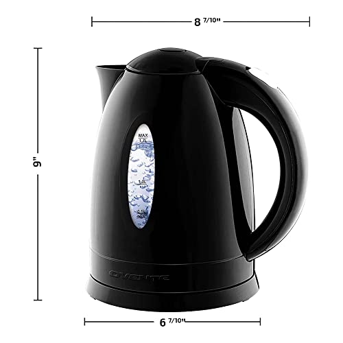 OVENTE Electric Kettle + 2-Slice Toaster Combo, 1.7L Hot Water Boiler with Auto Shut-Off and Boil Dry Protection, Toasting Machine with 6-Shade Settings and Removable Crumb Tray, Black KP72B + TP2210B