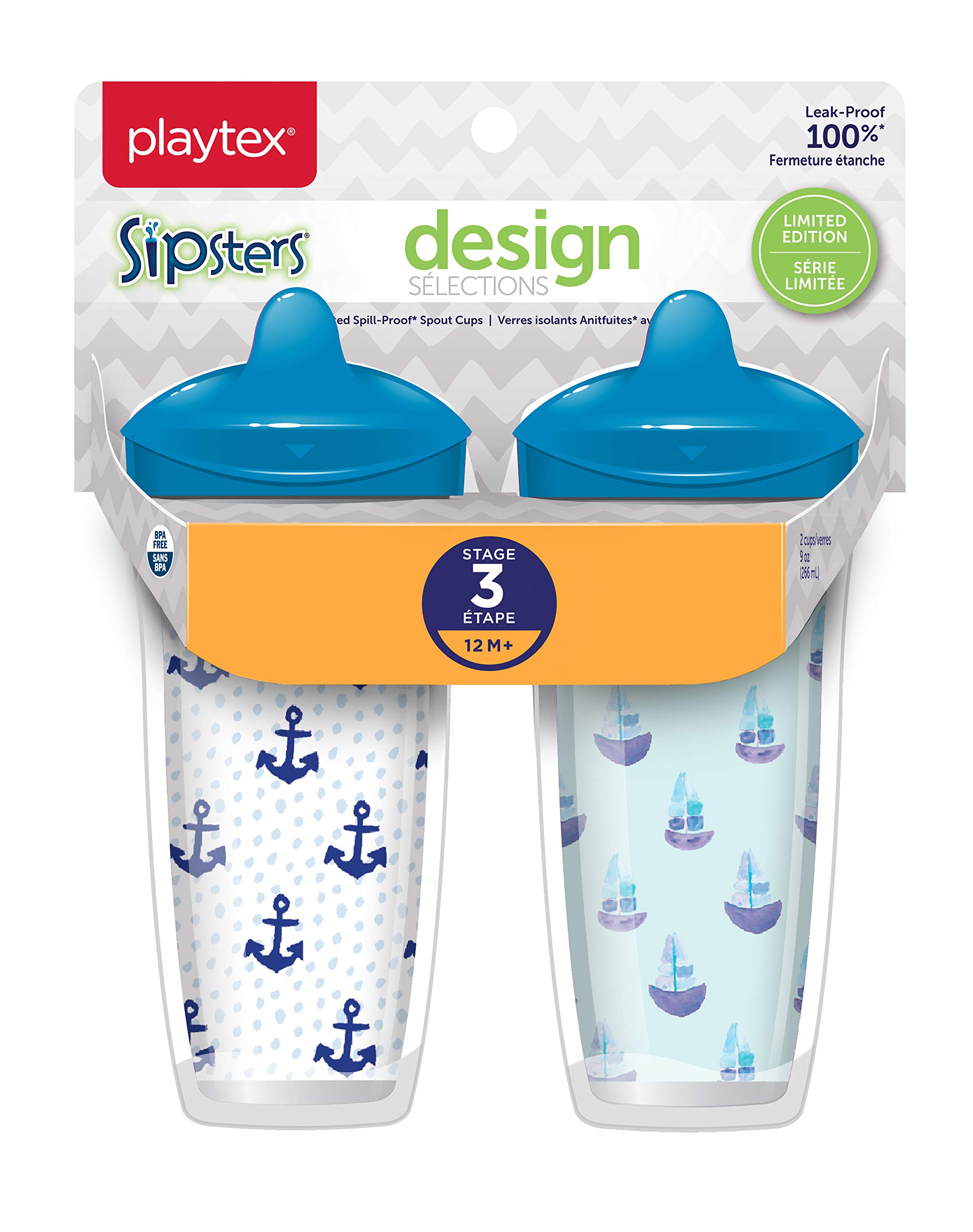 Playtex Baby Sipsters Stage 3 Spill-Proof, Leak-Proof, Break-Proof Spout Cup for Boys - Blue, Limited Edition, 9 Oz, 2 Count