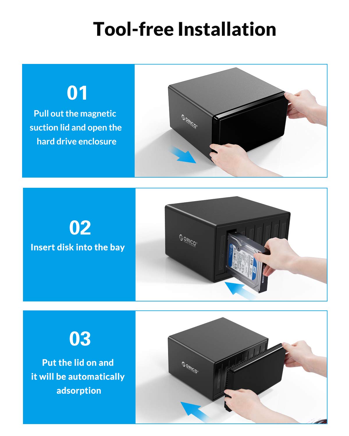 ORICO 8 Bay Tool-Free Aluminum Hard Drive Enclosure with 2 Build-in Fans, Horizontal HDD Docking Station for Small Business Data Backup and Expansion Max to 128TB- NS800U3