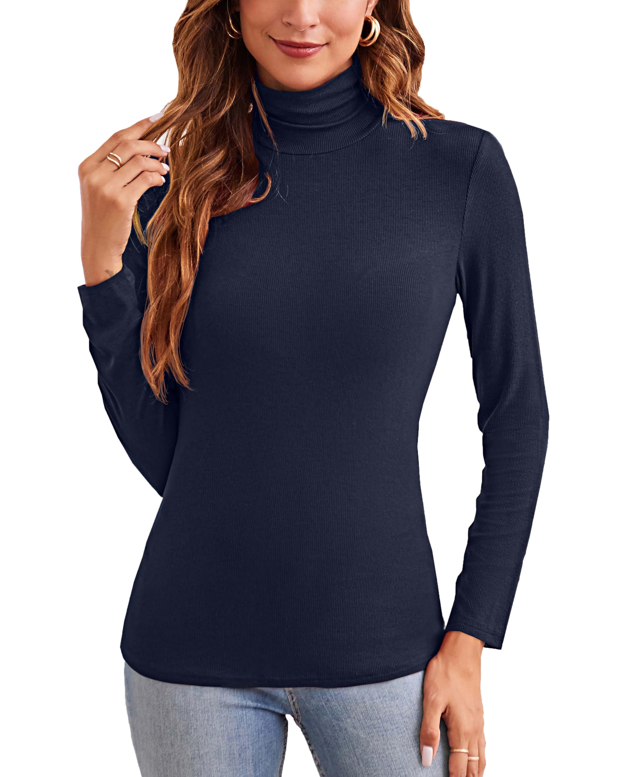 XSRYT Turtleneck for Women Thermal Tops Long Sleeve Stretch Ribbed Knit Sweaters Navy Blue S