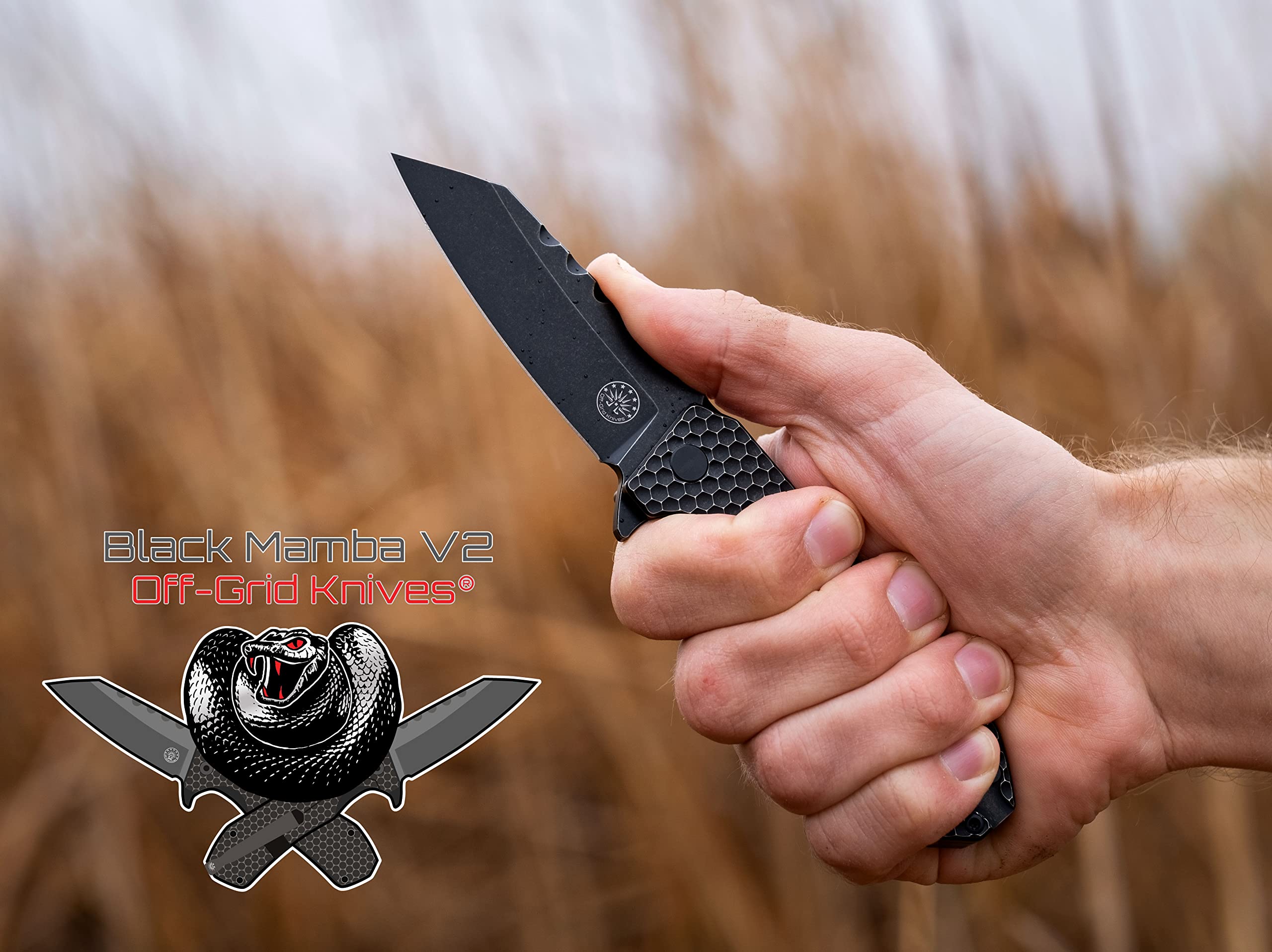 Off-Grid Knives - Black Mamba V2 - Bohler M390 Super Steel Blade, 6AL4V Titanium Scales, Ceramic Ball Bearing Flipper Knife, Brushed DLC, Open Back Design, Deep Pocket Carry