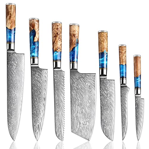 SENKEN 13-Piece 67-Layer Damascus Steel Kitchen Knife Set - "Tsunami" Collection - 7-Piece Chef Knife Set with 6 Matching Damascus Steak Knives