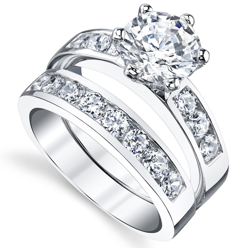 Metal Masters Sterling Silver 925 2.00 Carat Engagement Ring Wedding Band Set 2-Pc With Cubic Zirconia Size 8