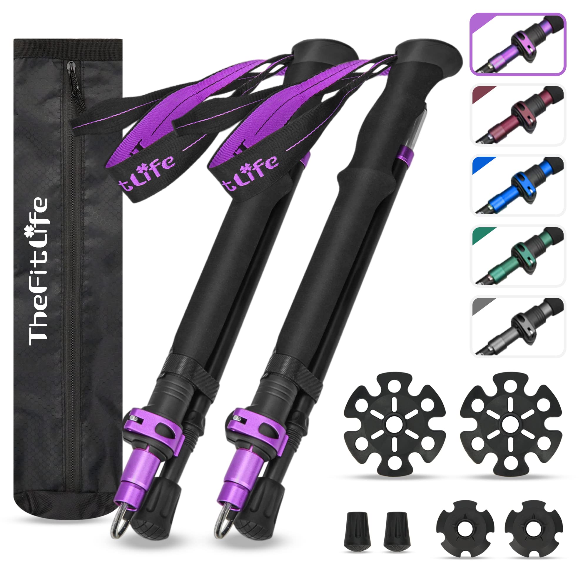 TheFitLife Collapsible Trekking Poles for Hiking â Lightweight Folding Walking Sticks for Men and Women with Extra-Long Foam Handle and Metal Flip Lock Purple