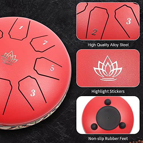 Yamaer Steel Tongue Drum 8 Notes 6 Inches Steel Hand Drum C-Key with Bag, Music Score, Drumsticks. (red)