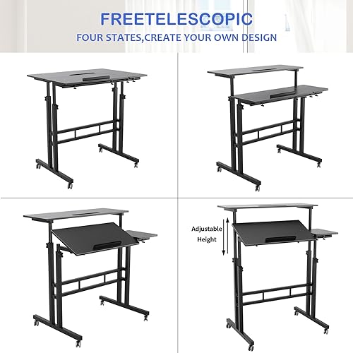 soges Mobile Laptop Sit-Stand Desk, Height Adjustable Standing Tiltable Top Desk, 31.5 inch Stand Up Computer Desk for Home Office, Small Rolling Desk for Small Space, Black ZS-101-2BK