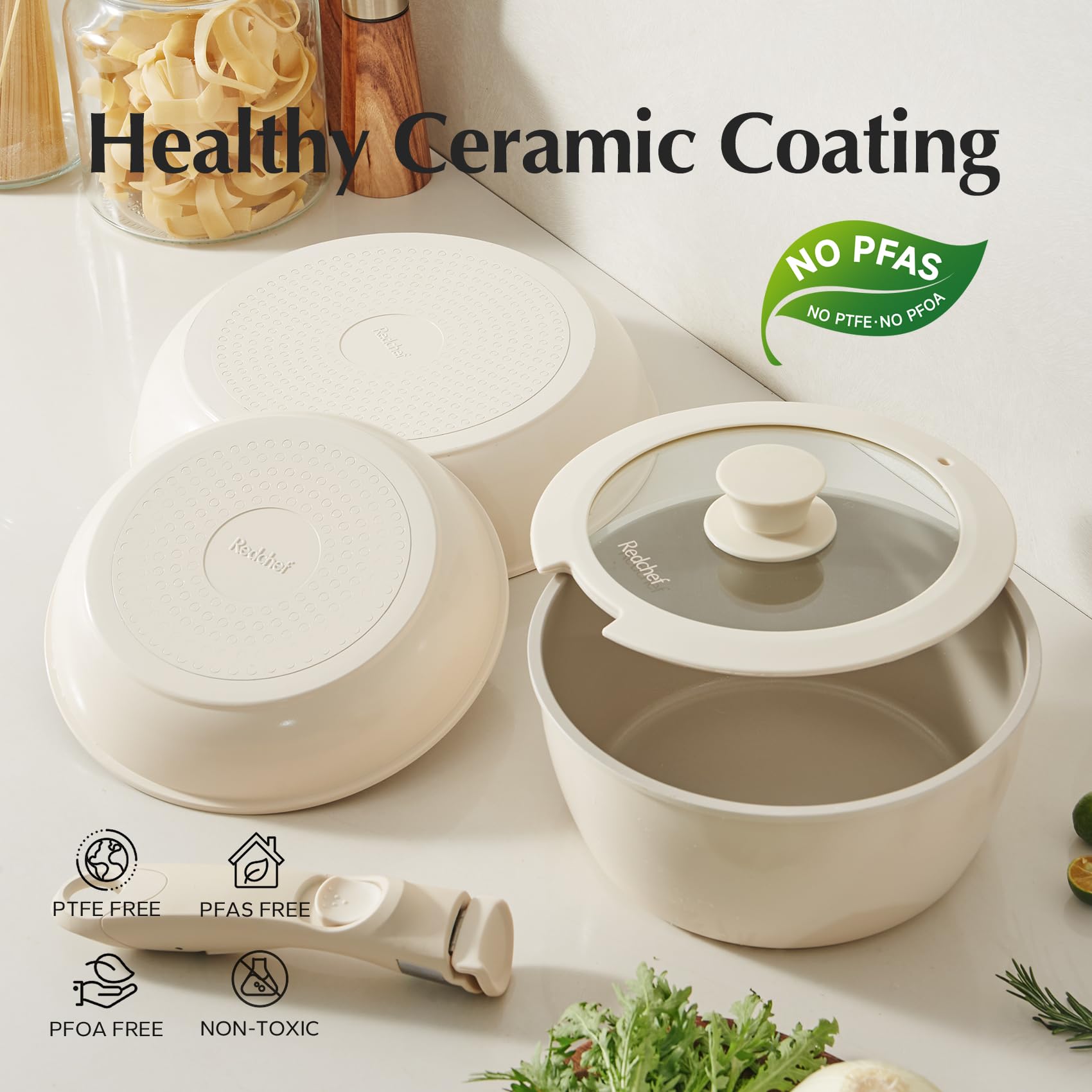 Non Stick Pots and Pan Set, Ceramic Cookware Set with Removable/Detachable Handle, Nonstick Induction Cooking Pan Set-Stackable for RV Camping, Non Toxic PFAS PFOA Free, Dishwasher Oven Safe