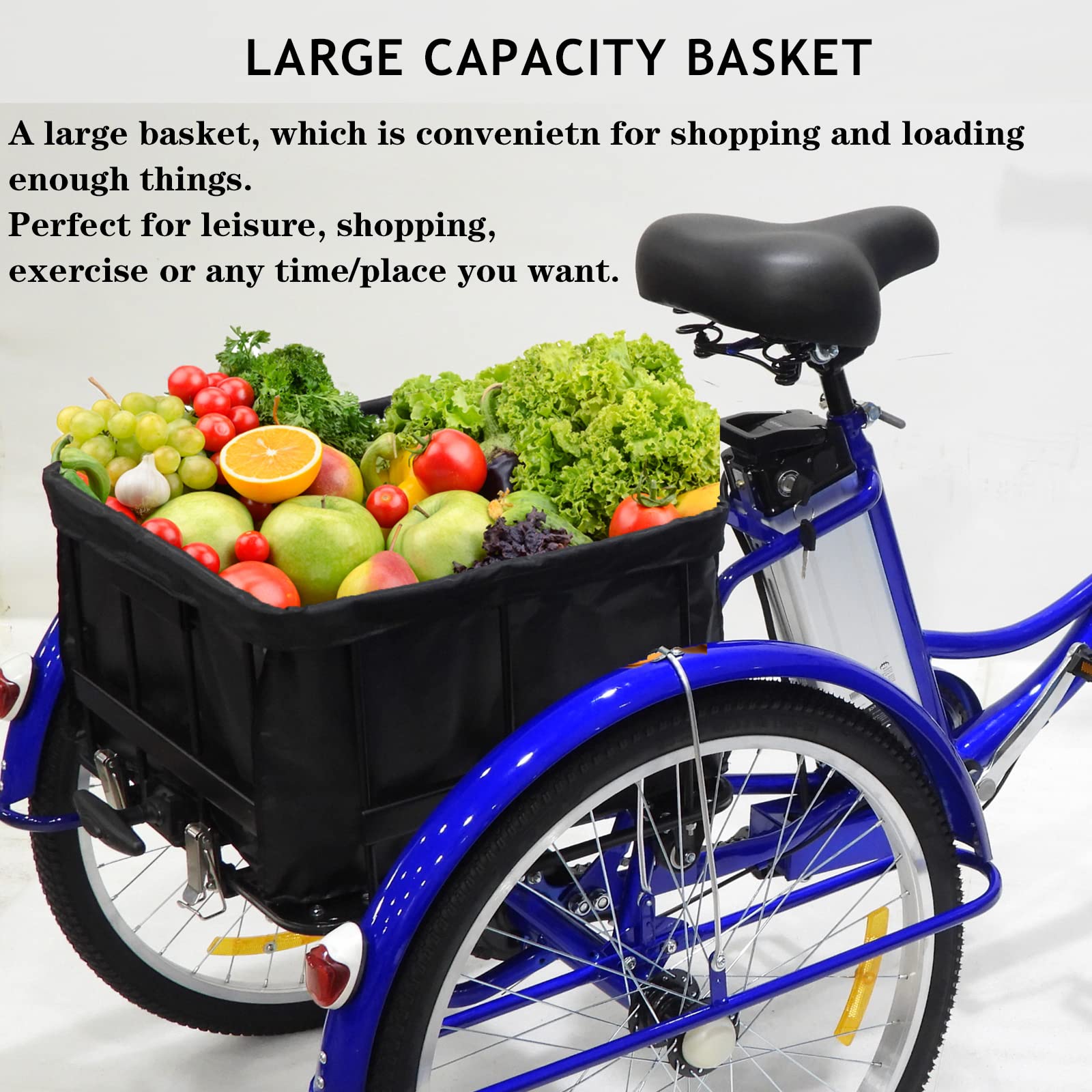 TMIAD 3 Wheel Electric Bicycle 24" Tricycle for Adults with 350w Motor and 36V 12Ah Removable Lithium Battery, Low Step-Through Aluminum Frame, Cargo Basket (Blue 1)