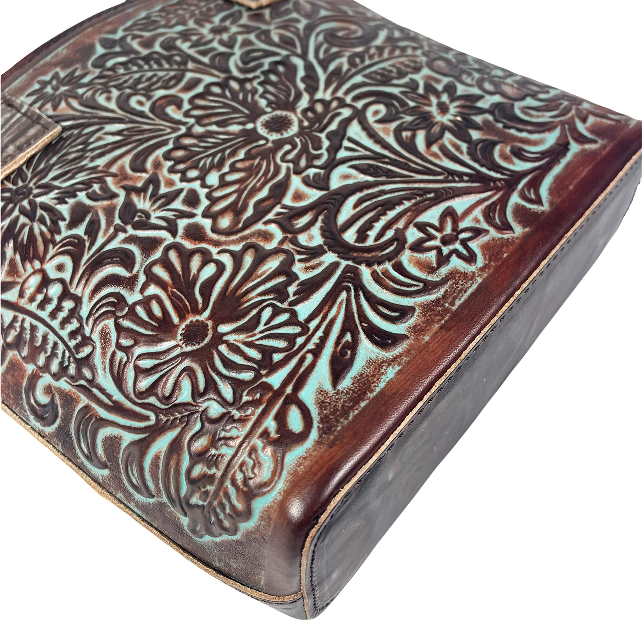 Urbalabs Western Purse Genuine Leather Hand Tooled Floral Handbag Tote Ladies Bag Leather Chain Strap Purse Hand Stitched (Dark Brown)