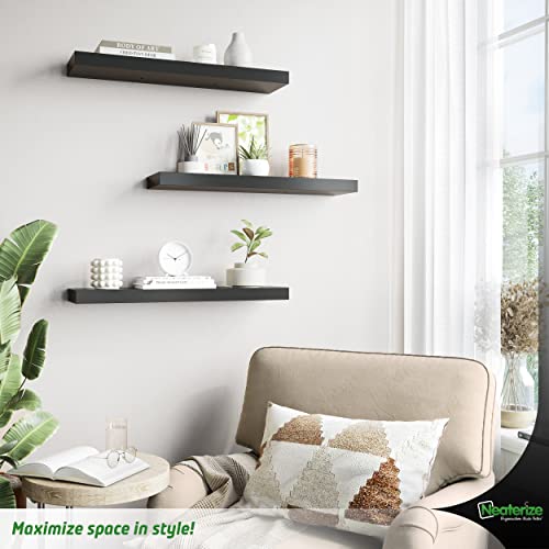 NEATERIZE Floating Shelves Set of 3 | Durable Wall Shelves with Invisible Bracket | Great Shelf for Bathroom, Bedrooms, Kitchen, Office and Living Room Décor. (Black - Small)