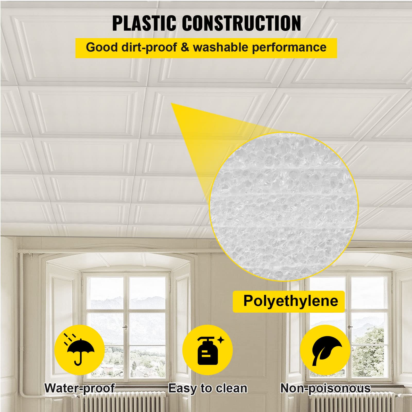 VEVOR Foam Ceiling Tiles, 19.7" x 19.7" Glue-up Ceiling Tiles, 100 pcs Lightweight Ceiling Tiles, 270 sq. ft Paintable Ceiling Tiles, 1/5" Thick Lay-in Ceiling Tile Pack for Roof and Wall Decoration