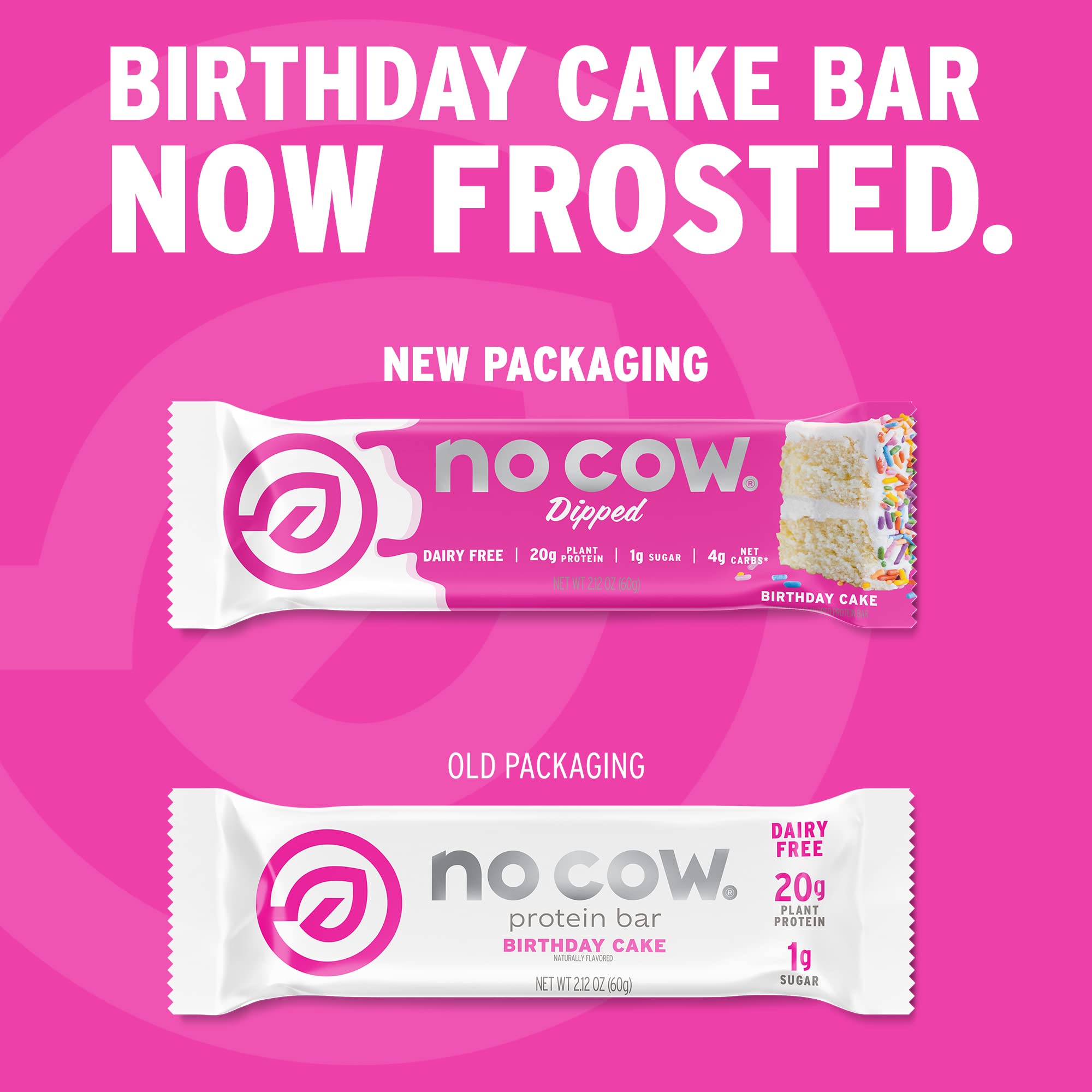 No Cow High Protein Bars, Dipped Birthday Cake - Healthy Snacks, 20g Vegan Protein, High Fiber, Low Sugar, Keto Friendly, Dairy & Gluten Free (12 Count)